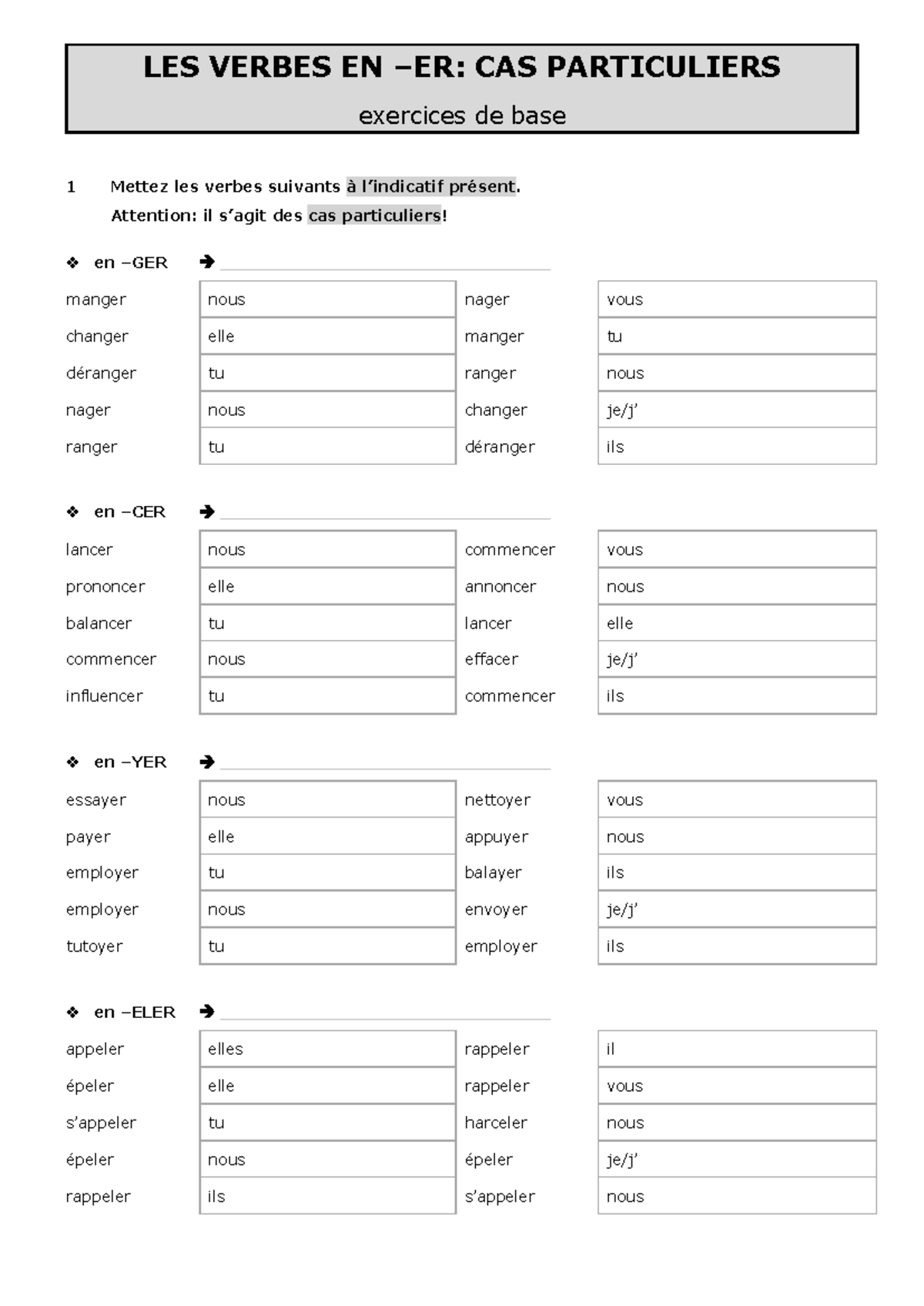 Les verbes en -ER - LES VERBES EN – ER: CAS PARTICULIERS exercices de ...