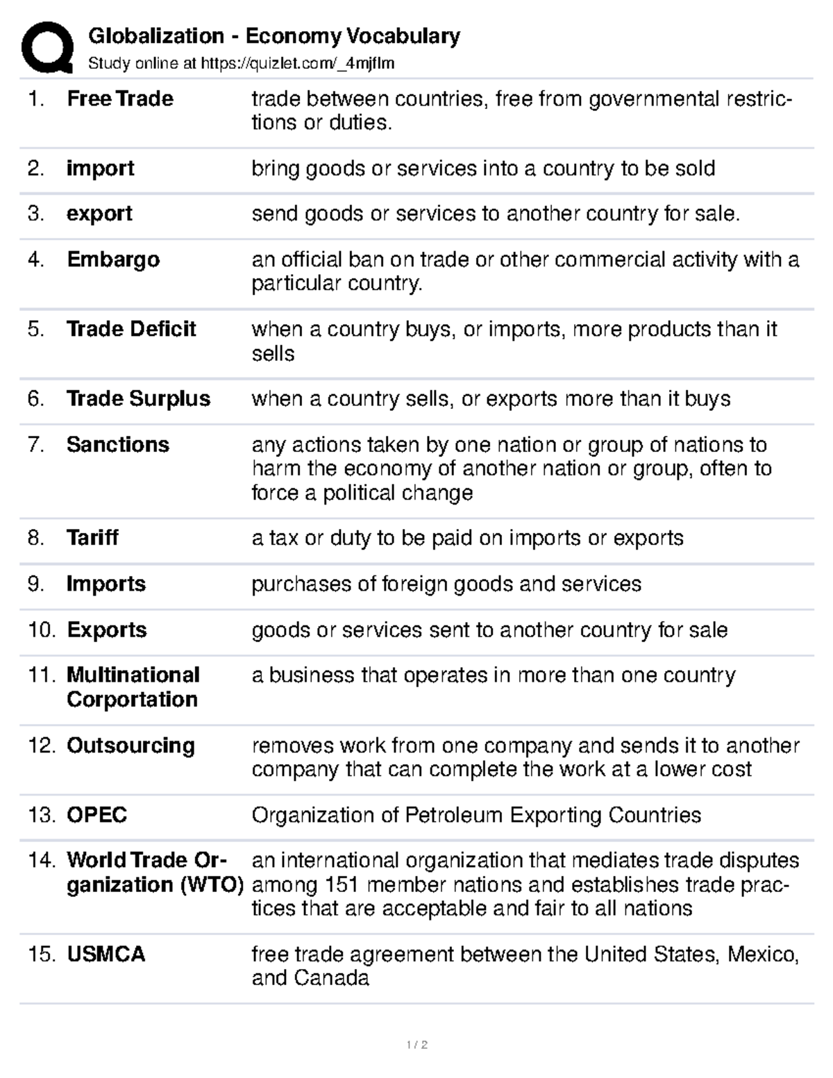 Globalization - Economy Vocabulary - import bring goods or services ...
