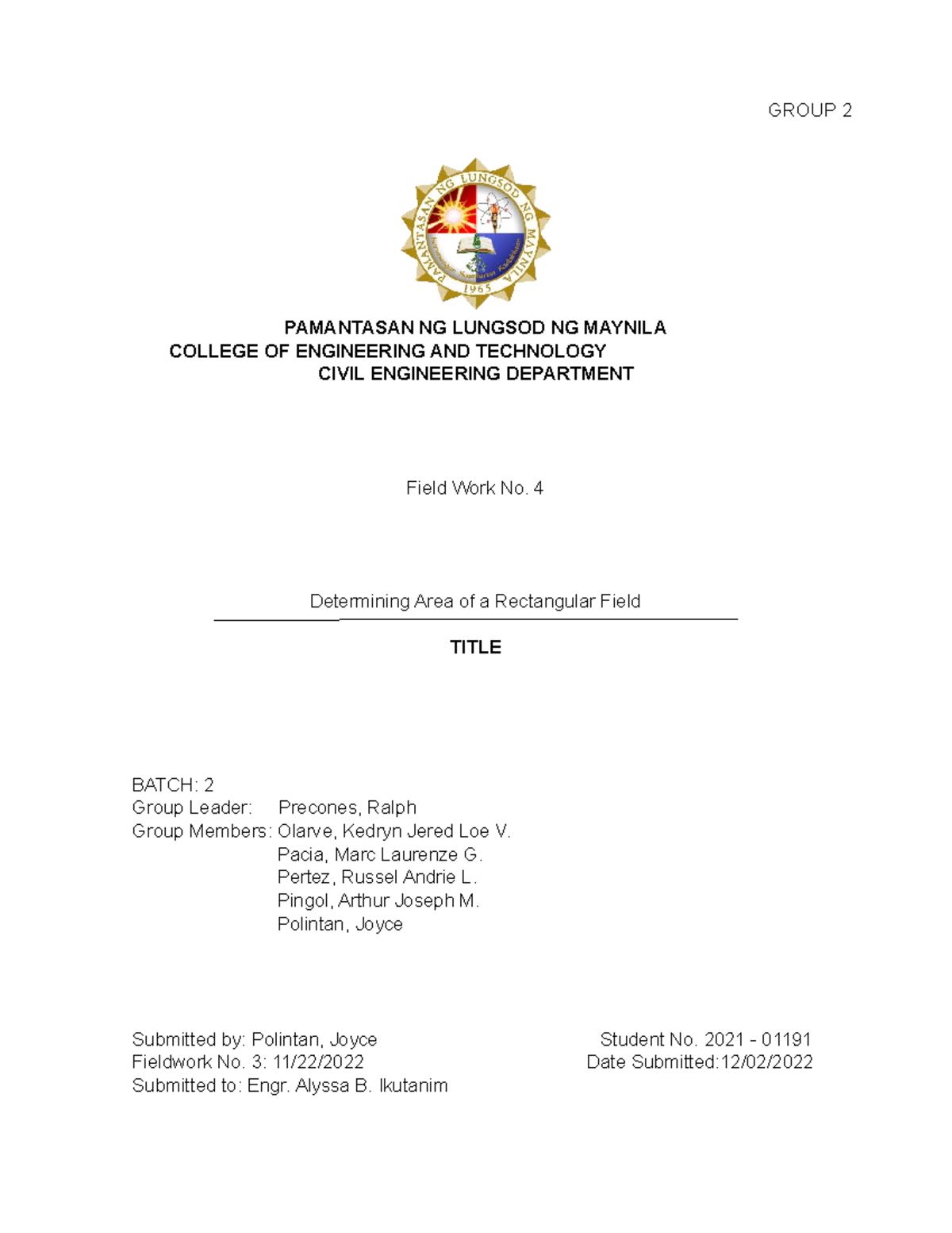 Field Work No. 4 Determining Area of a Rectangular Field - PAMANTASAN ...