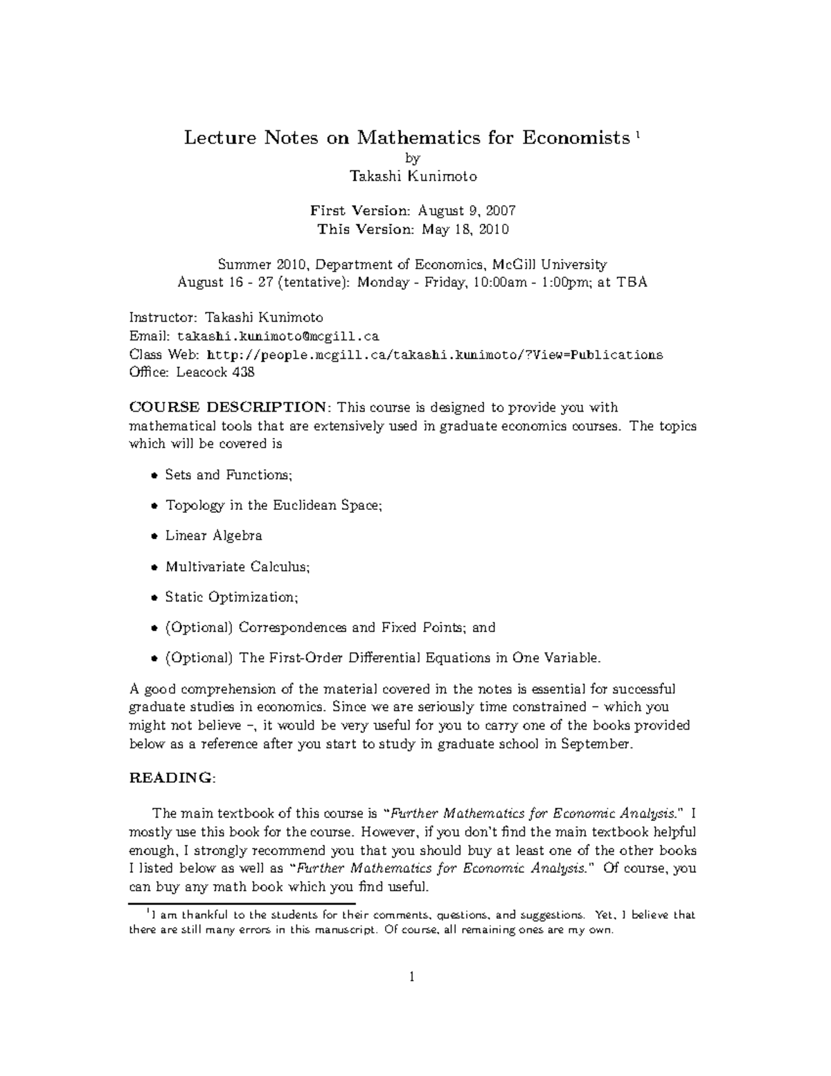 Maths notes - MME - Lecture Notes on Mathematics for Economists 1 by ...