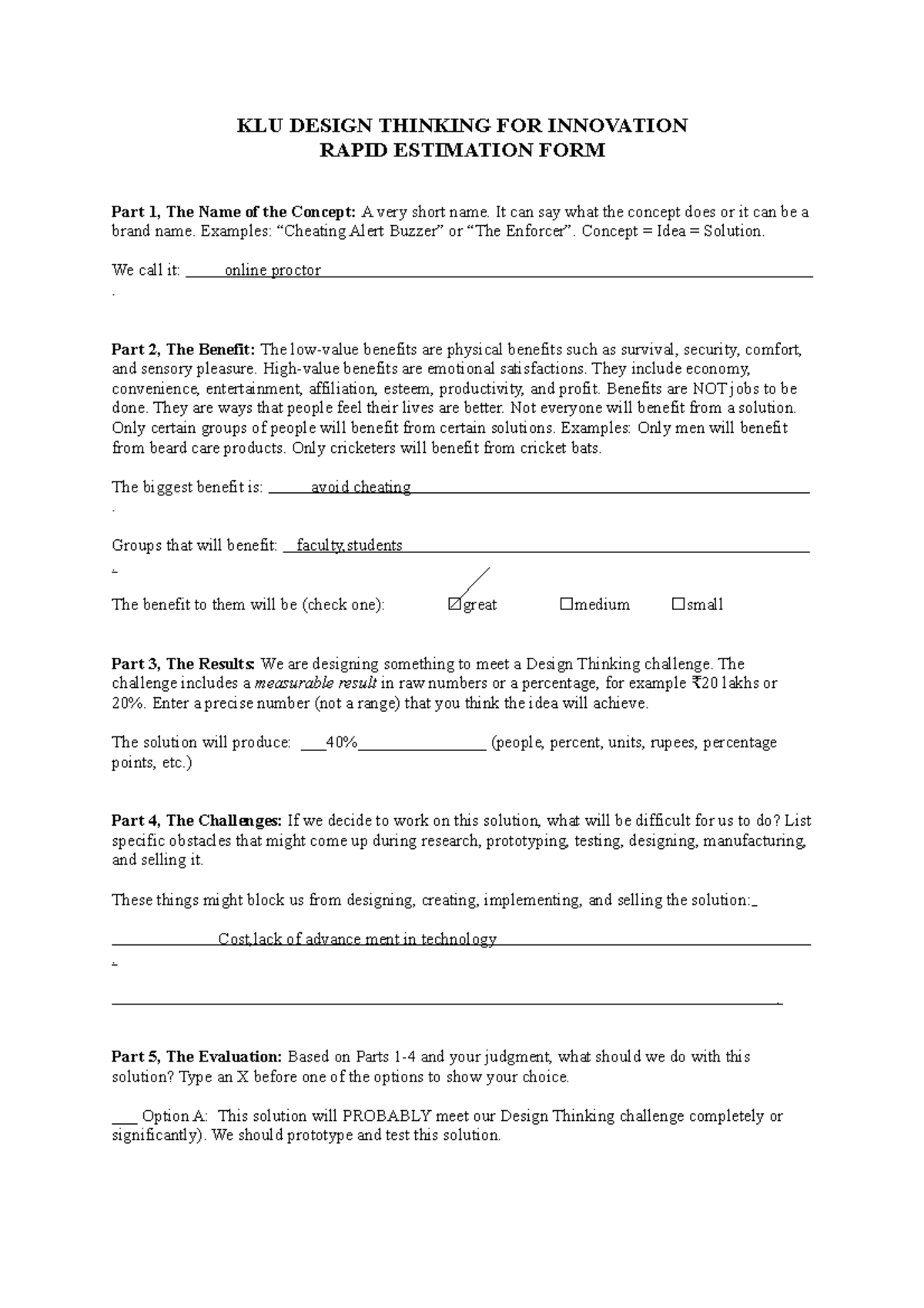 KLU Rapid Estimation Form - KLU DESIGN THINKING FOR INNOVATION RAPID ESTIMATION FORM Part 1, The ...