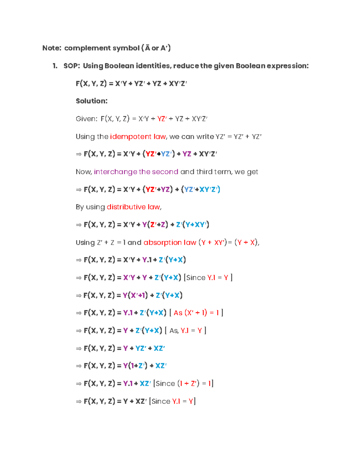 Boolean Algebra Examples (POS-SOP) - Note: complement symbol (Ā or A ...