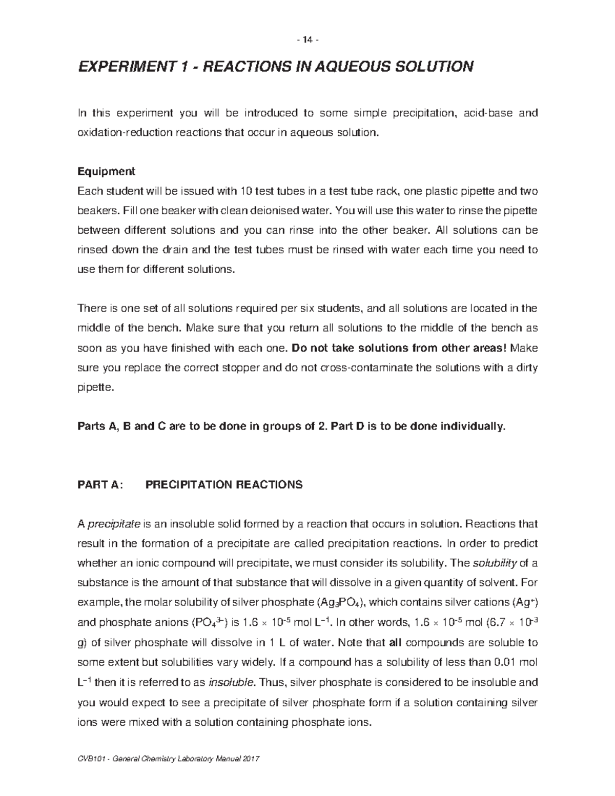 CVB101 Prac 1 Aqueous Solutions - EXPERIMENT 1 - REACTIONS IN AQUEOUS ...