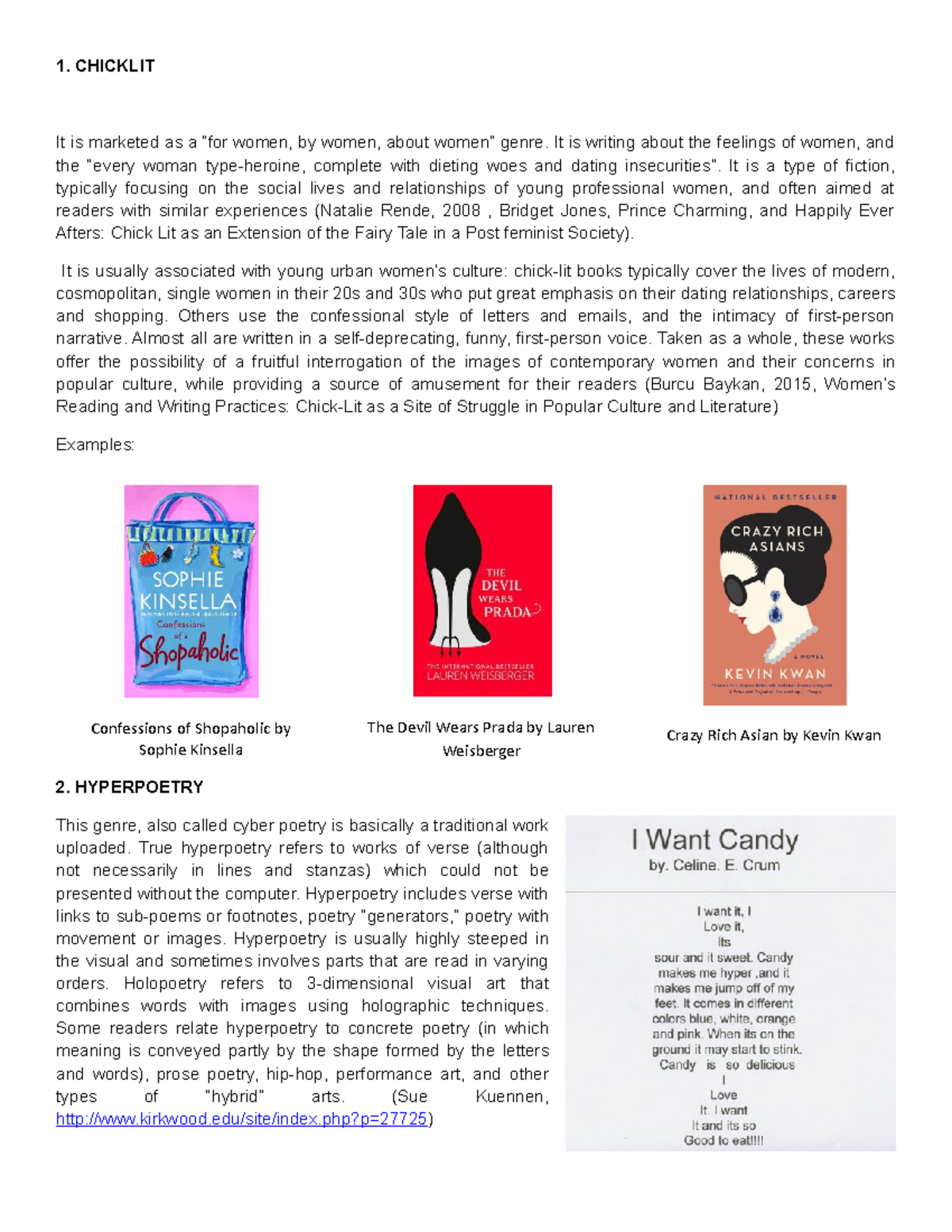 Literary genres - Lecture notes 1 - 1. CHICKLIT It is marketed as a ...