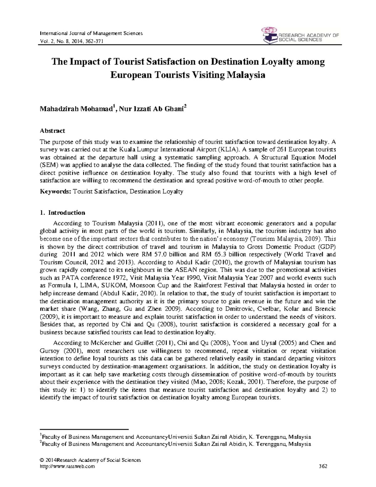 The Impact of Tourist Satisfaction on De - © 2014Research Academy of ...