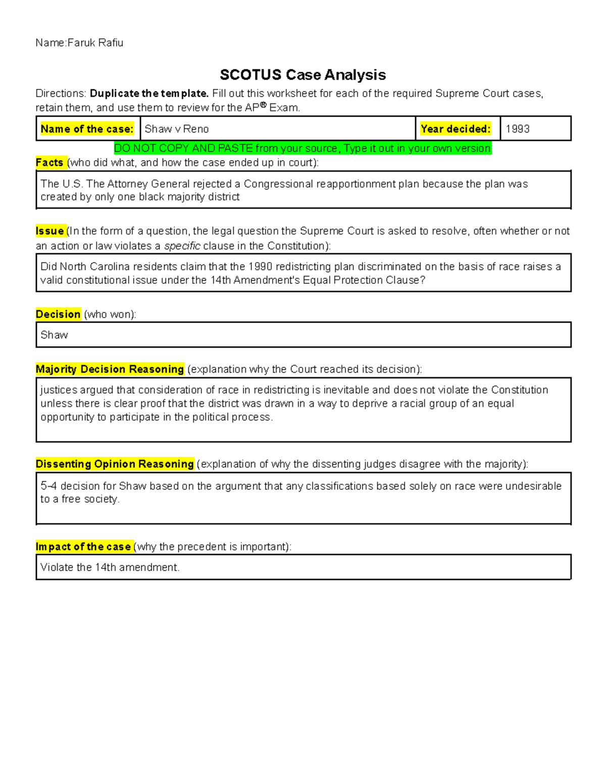 Copy of Supreme Court Case Analysis - Name:Faruk Rafiu SCOTUS Case ...