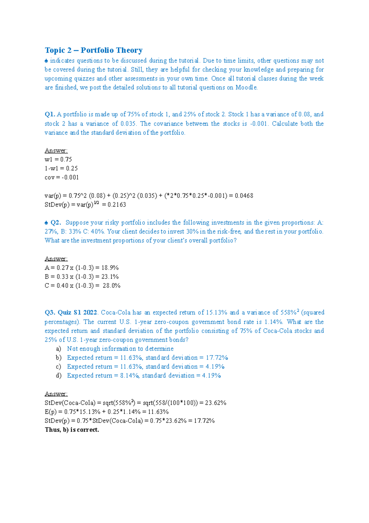 Tute 2 Ans - Tute 2 Answers - Topic 2 – Portfolio Theory ♠ indicates ...