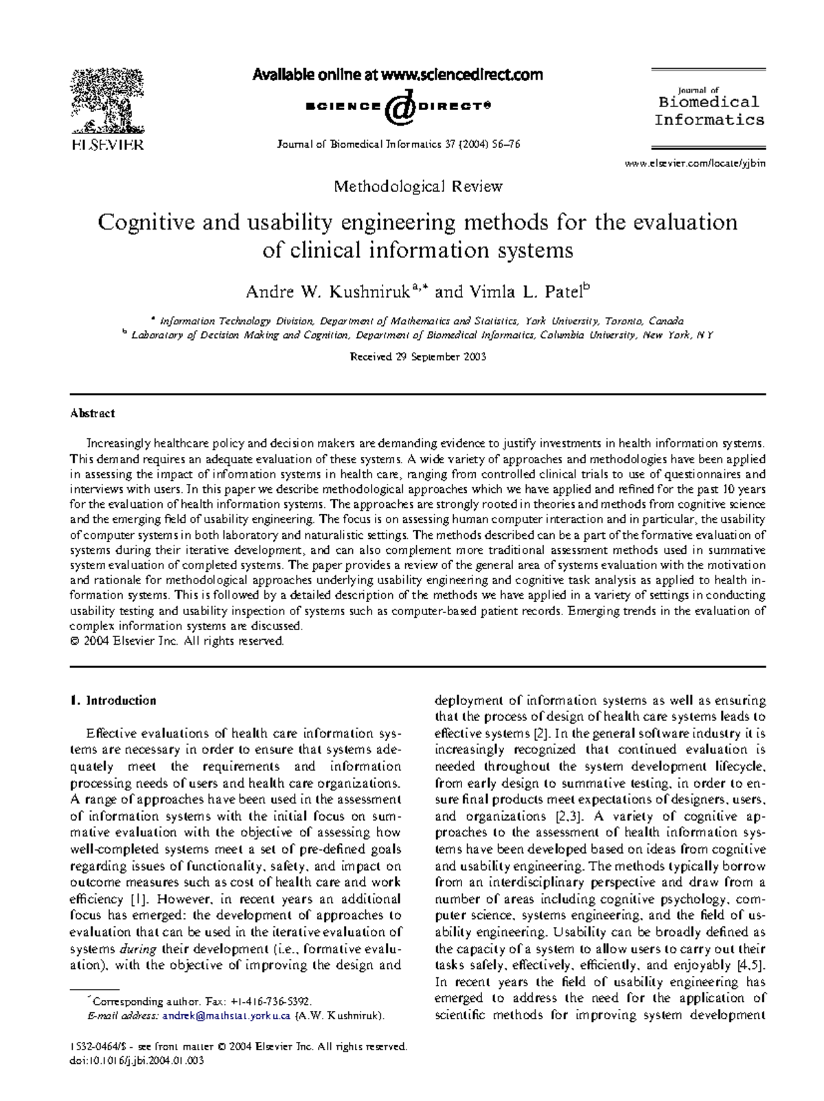 Cognitive and usability engineering methods - Kushniruk a,* and Vimla L ...