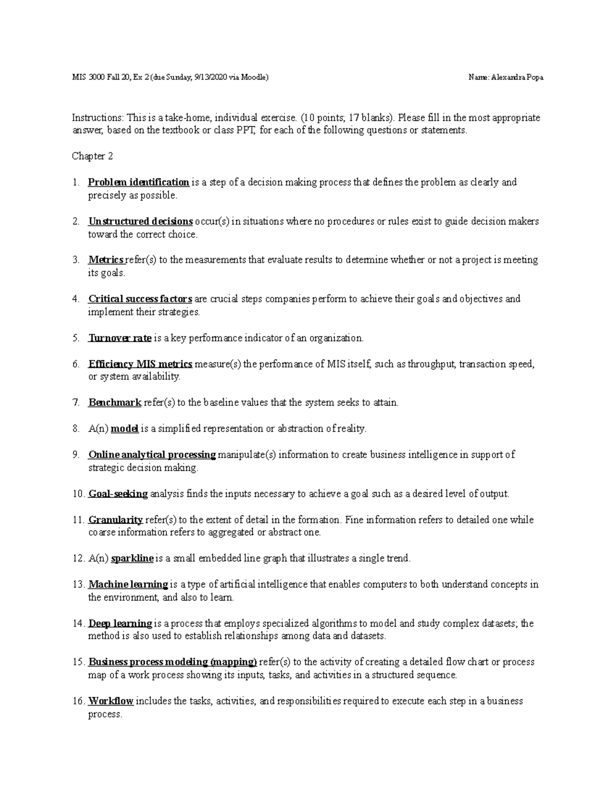 MIS 3000- Ex 2 Ch 2 - MIS 3000 Fall 20, Ex 2 (due Sunday, 9/13/2020 via ...