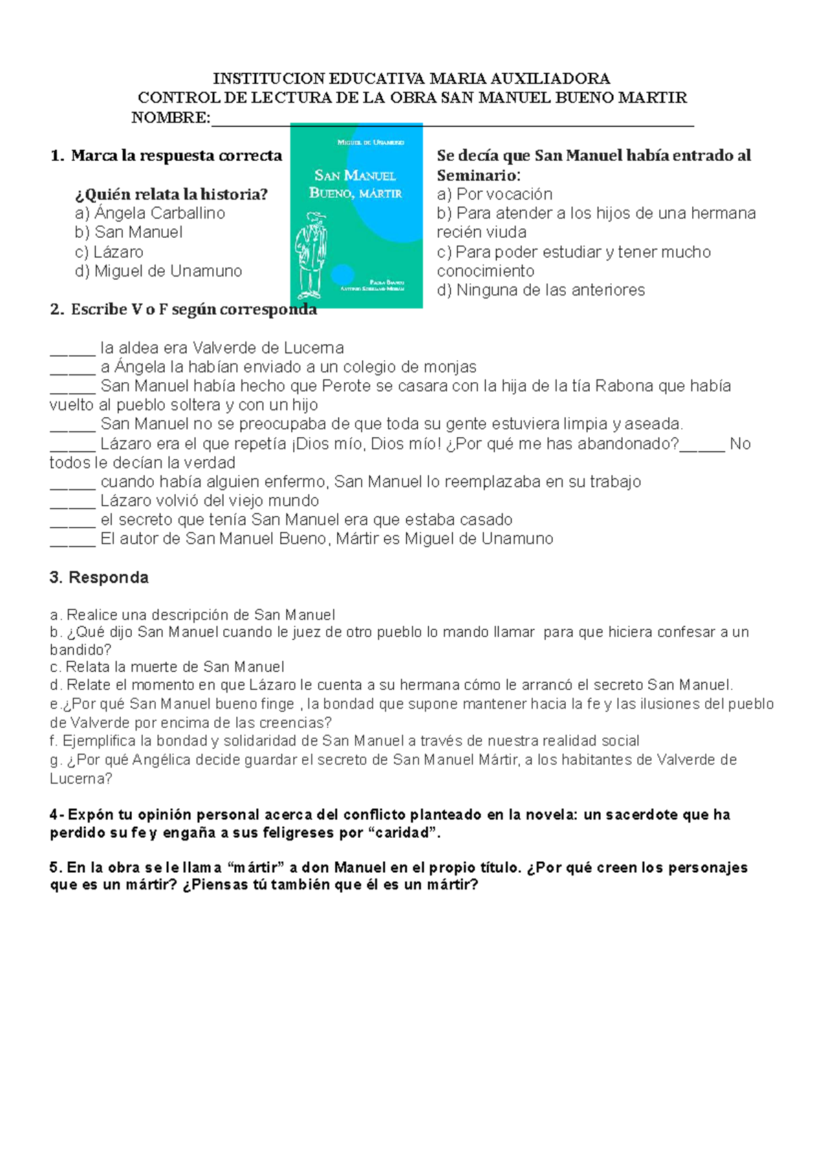 Control DE Lectura DE LA OBRA SAN Manuel Bueno Martir - INSTITUCION ...