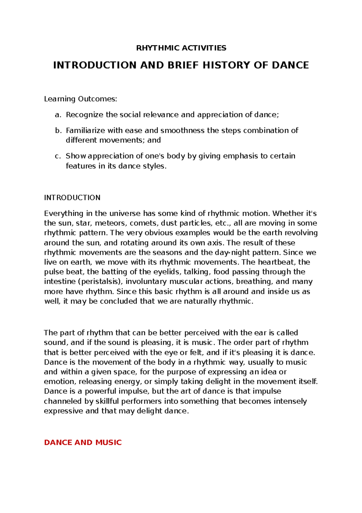 Introduction AND Brief History OF Dance - RHYTHMIC ACTIVITIES ...