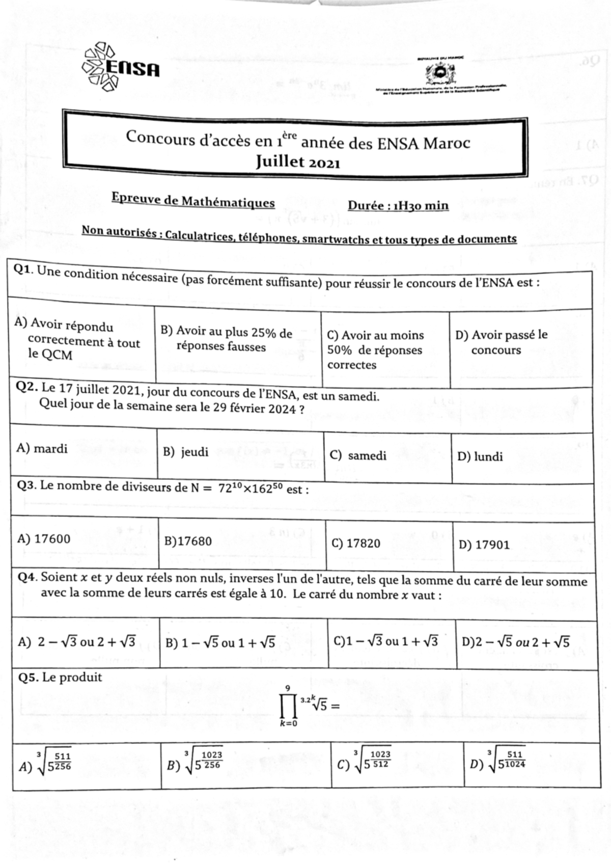Concours maths 2021 - ENSA JD Concours en ère année des ENSA Maroc Juillet 2021 Epreuve de - Studocu