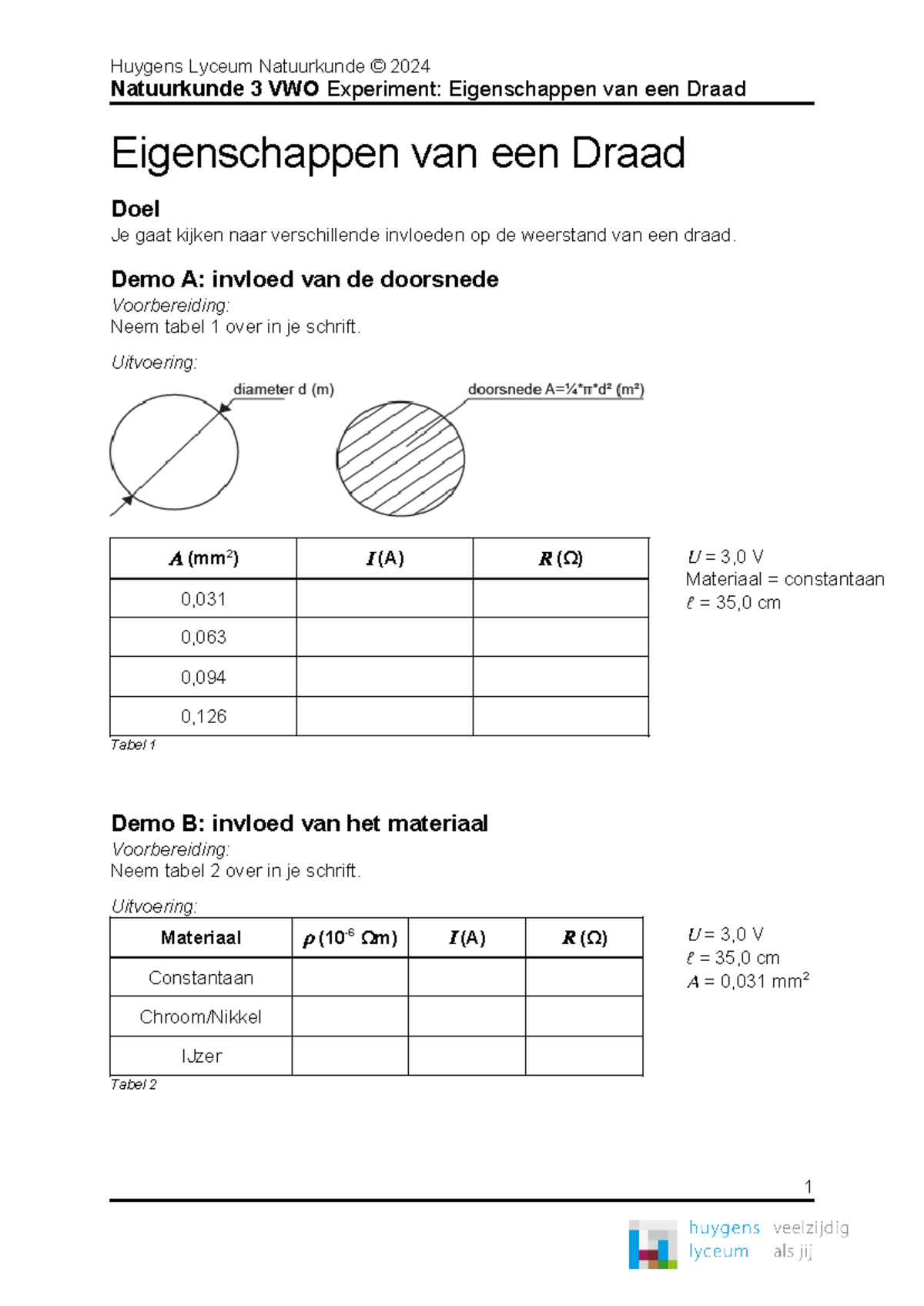 3VWO Eigenschappen van een draad - Huygens Lyceum Natuurkunde © 2024 ...
