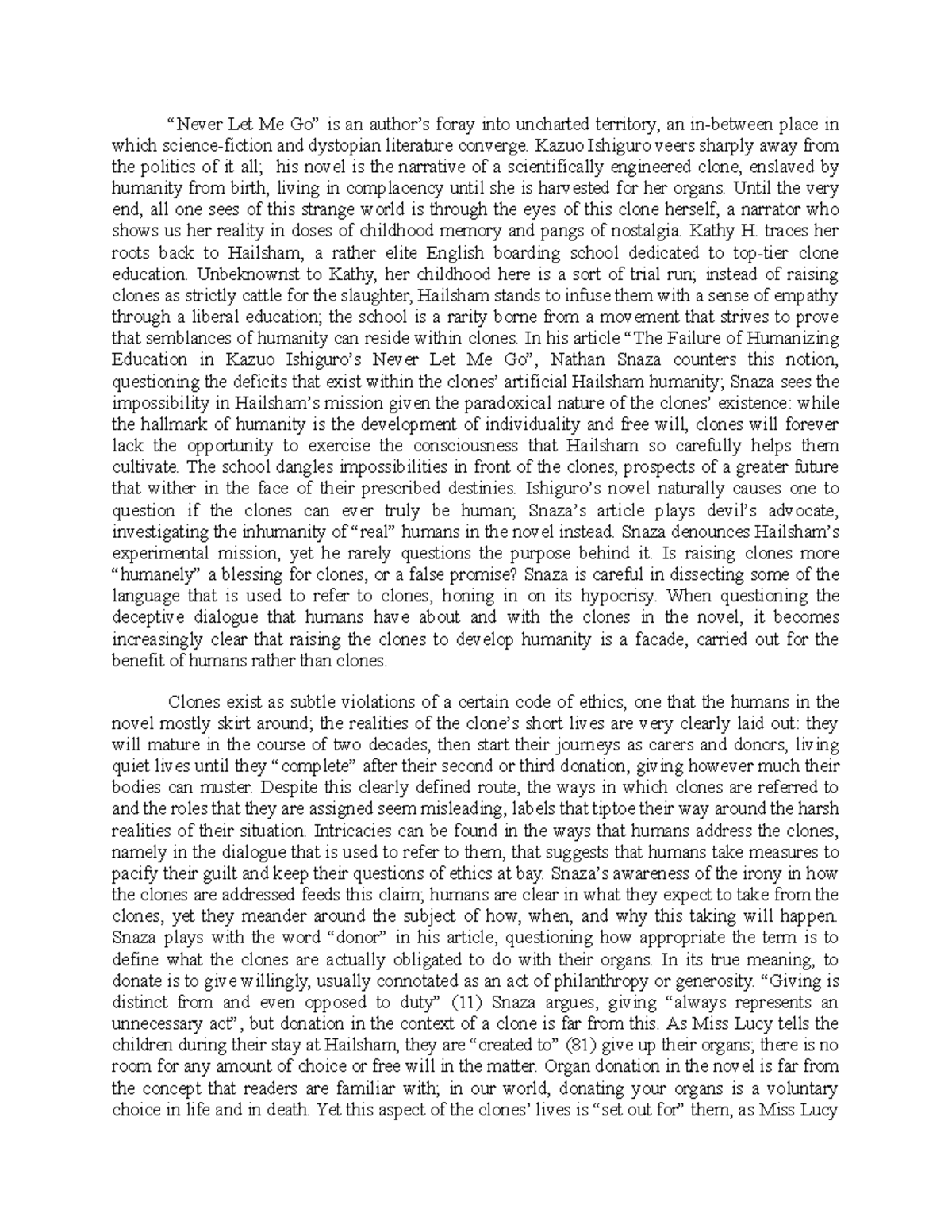 Final Essay - Grade: A - “Never Let Me Go” is an author’s foray into ...