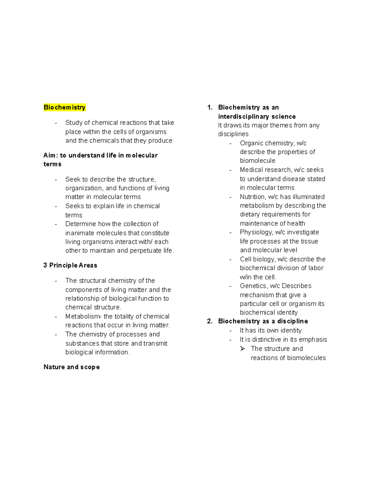 Biochemistry notes - Biochemistry - Study of chemical reactions that ...