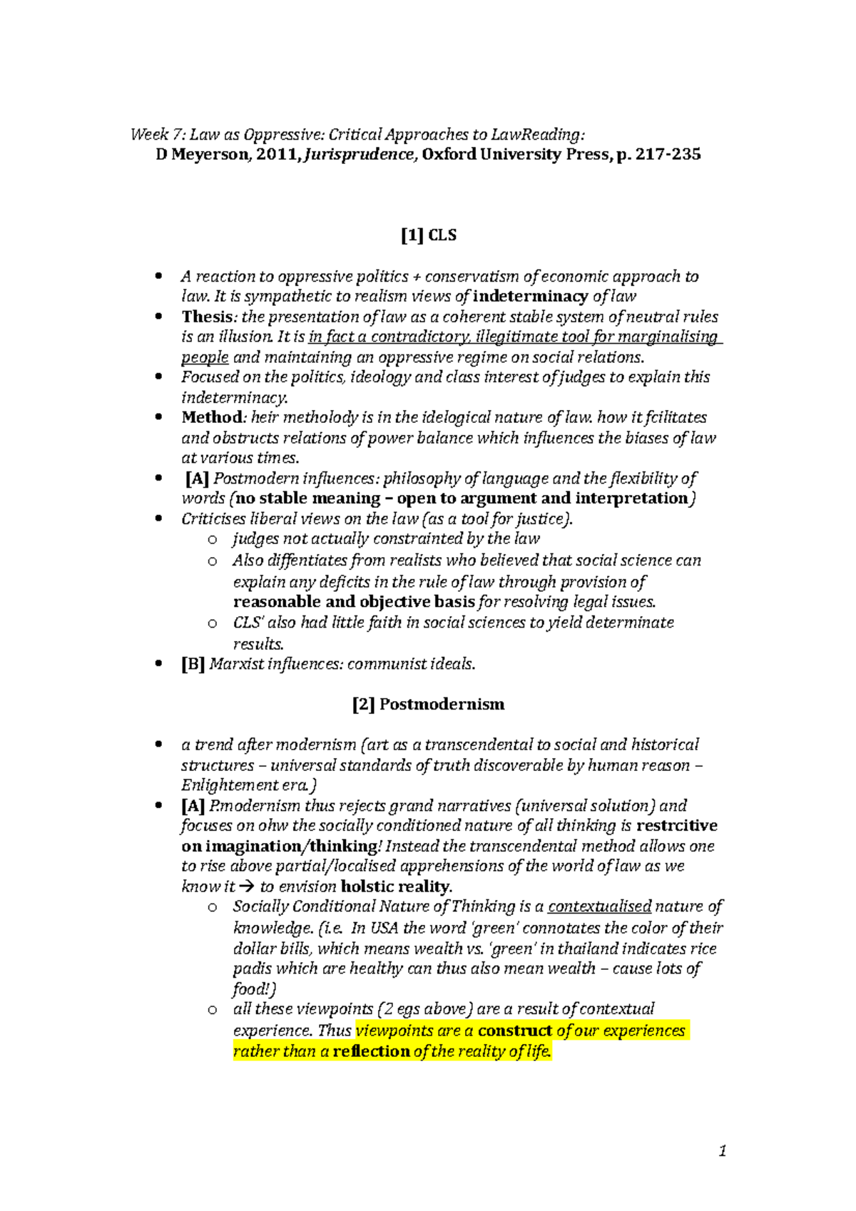 Week 7: Law as Oppressive: Critical Approaches to Law Reading: - 217 ...