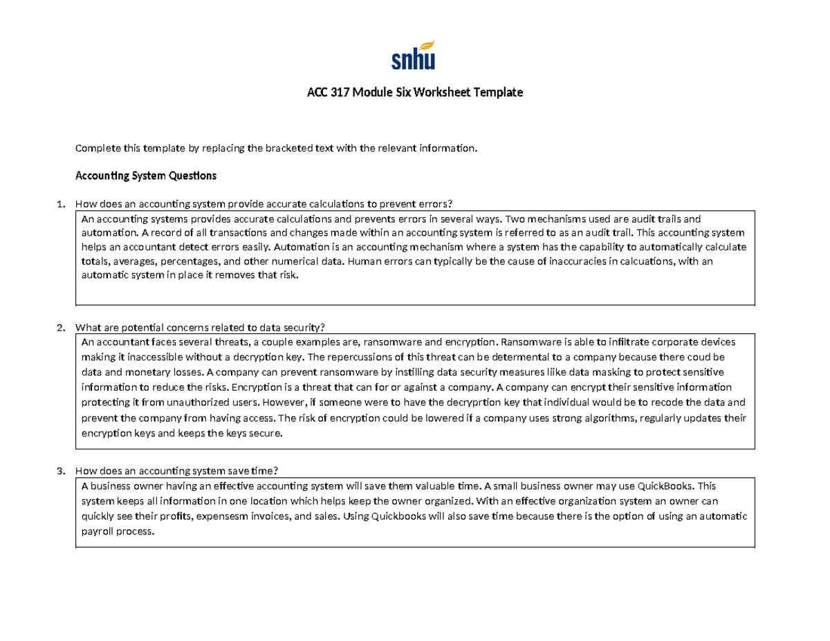 ACC 317 Module Six Worksheet - Accounting System Questions How does an ...