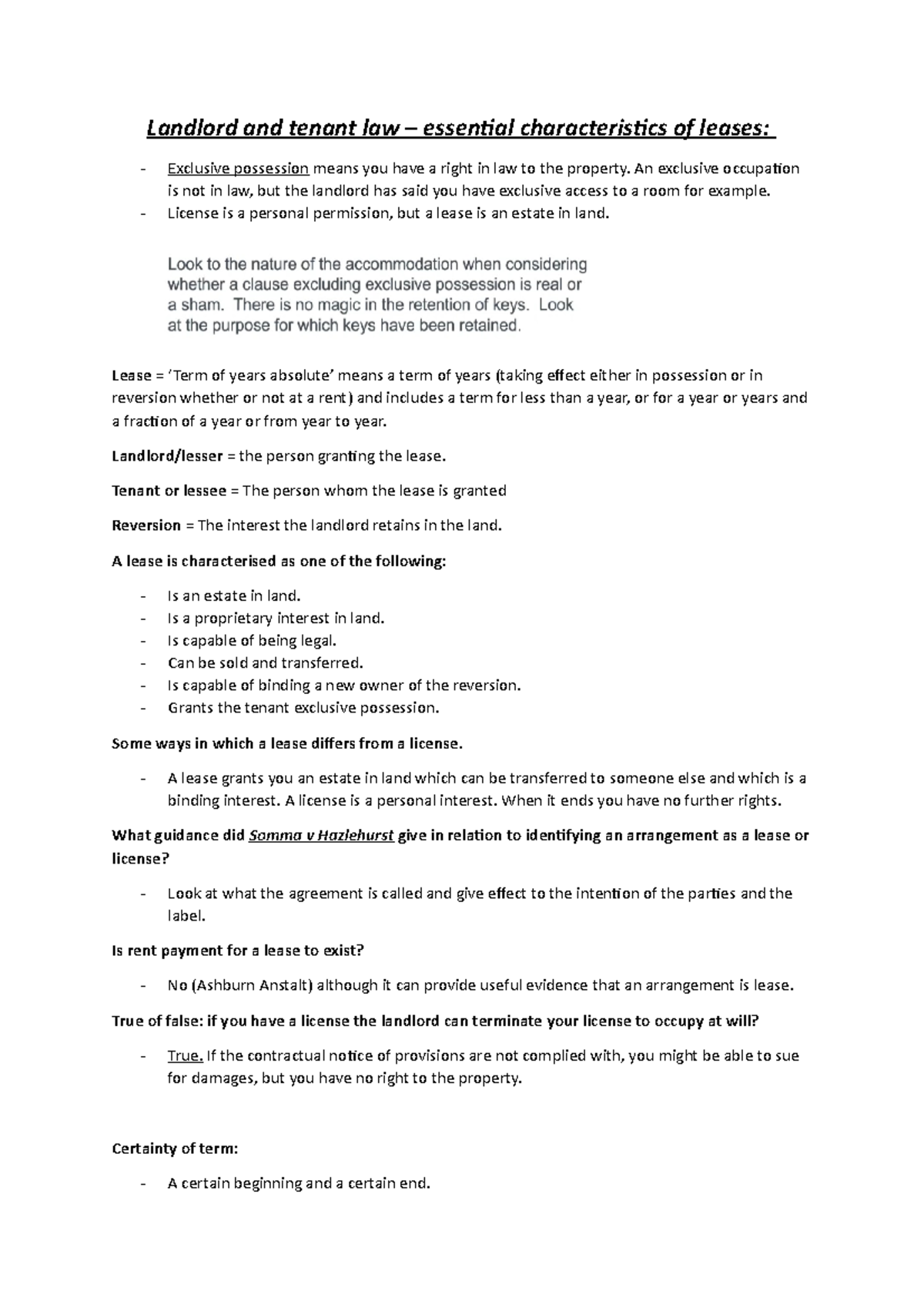 WK2 - essential characteristics of a lease - Landlord and tenant law ...
