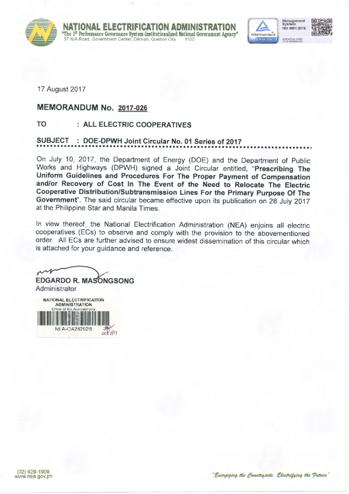 NEA Memo to ECs No. 2017-026 - DOE-DPWH Joint Circular No. 01 Series of ... NEA Memo to ECs No. 2017-026 - DOE-DPWH Joint Circular No. 01 Series of ...