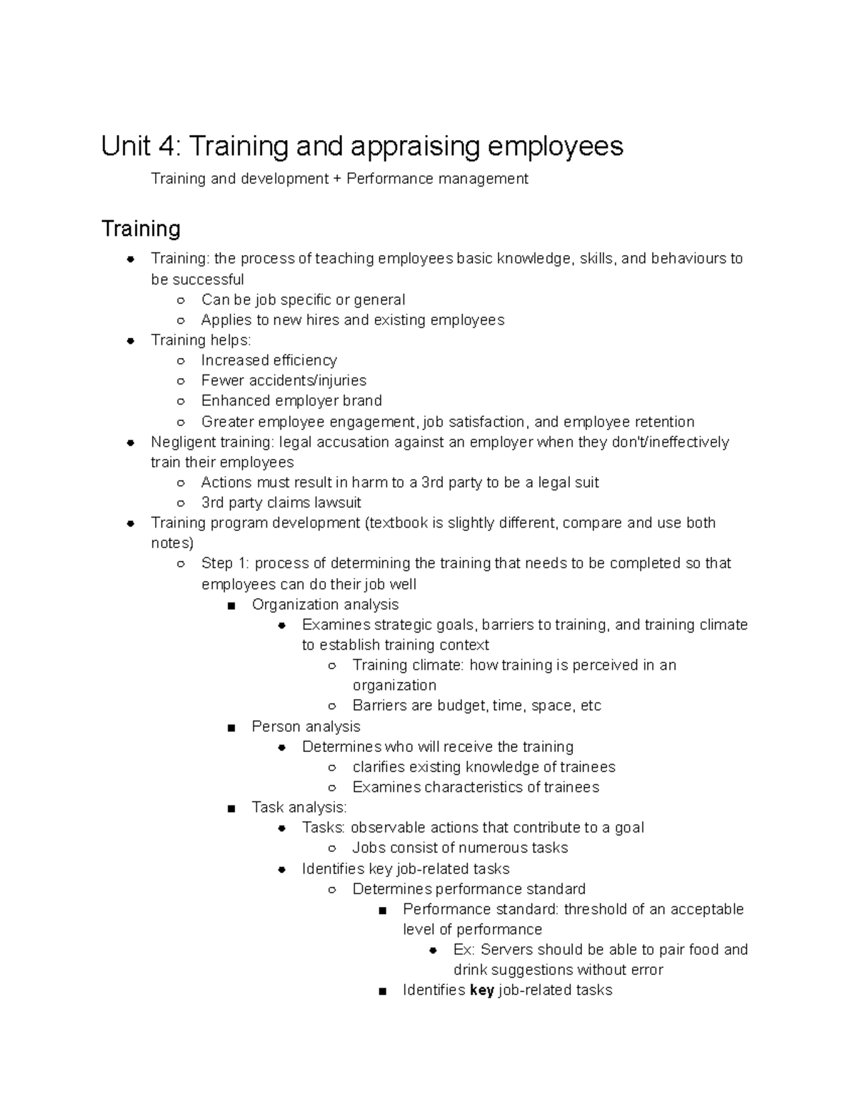 Lecture notes Unit 4-6 - Unit 4: Training and appraising employees ...