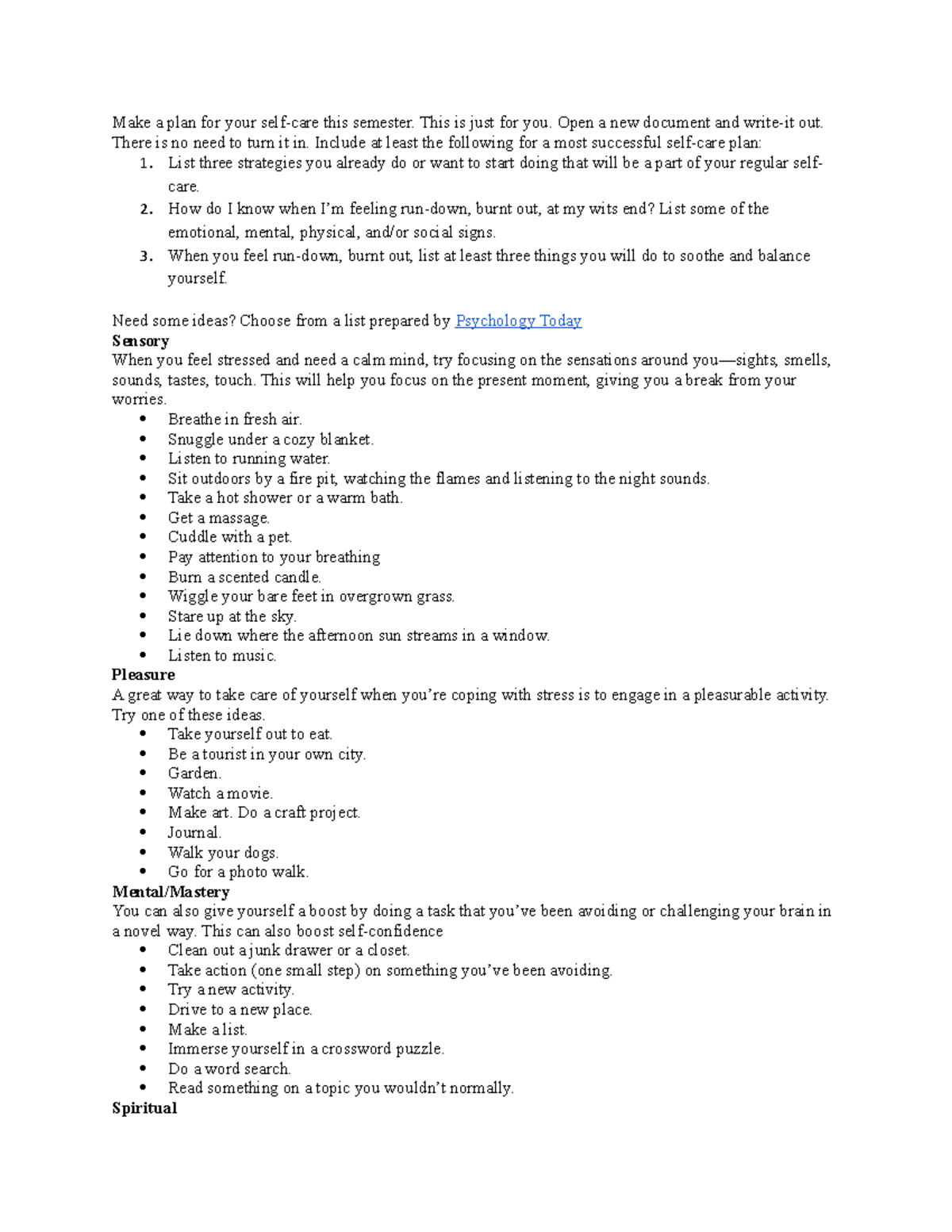 Self Care Assignment Make A Plan For Your Self care This Semester