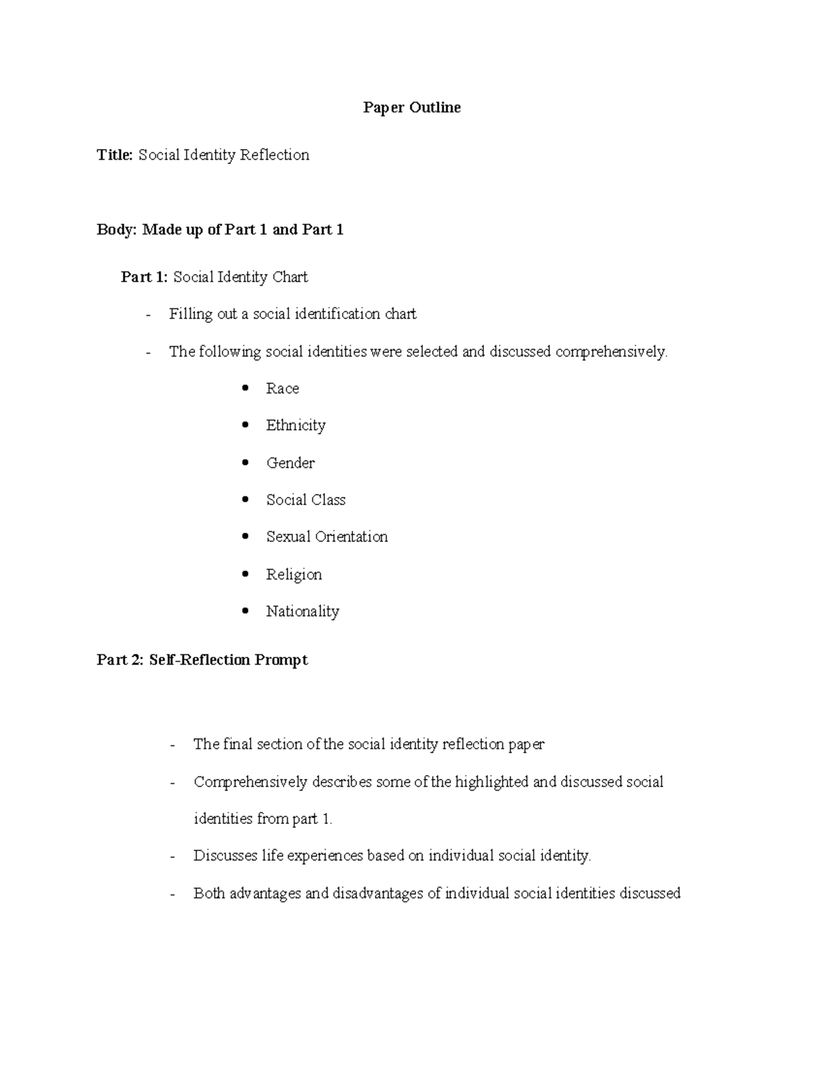Outline Social Identity Reflection - Paper Outline Title: Social ...