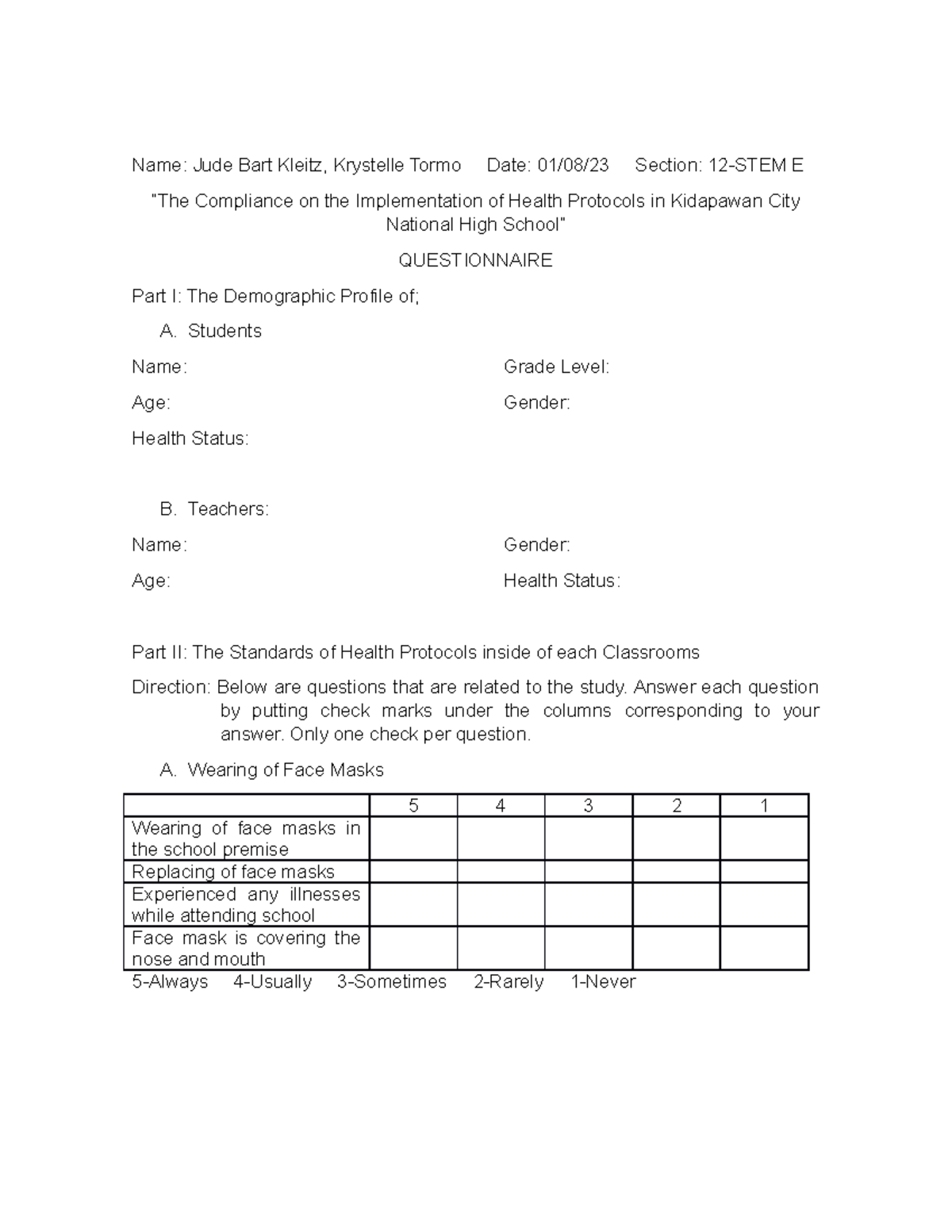 PR- Questionnaires - Review Materials - Name: Jude Bart Kleitz ...