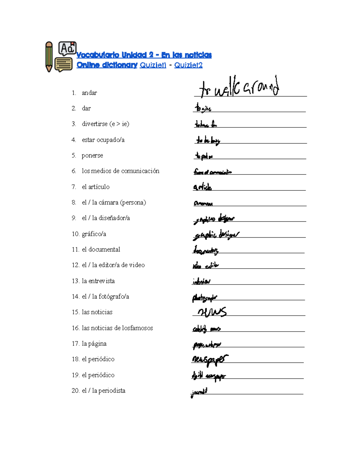CWU2Q2 # 1 Vocabulario Unit 2 - Vocabulario Unidad 2 - En las noticias ...