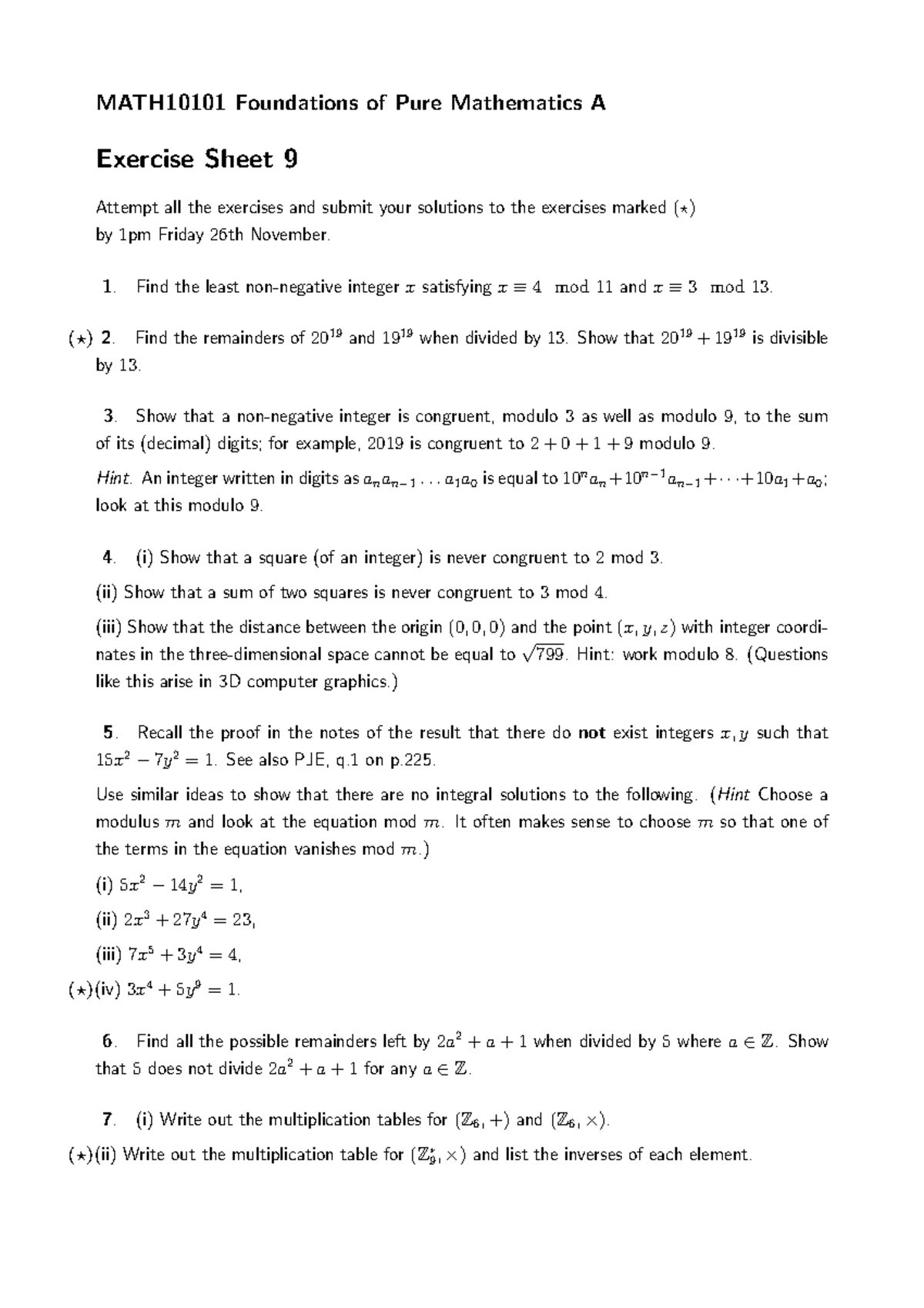 Ex 9 - sfsfsf - MATH10101 Foundations of Pure Mathematics A Exercise ...
