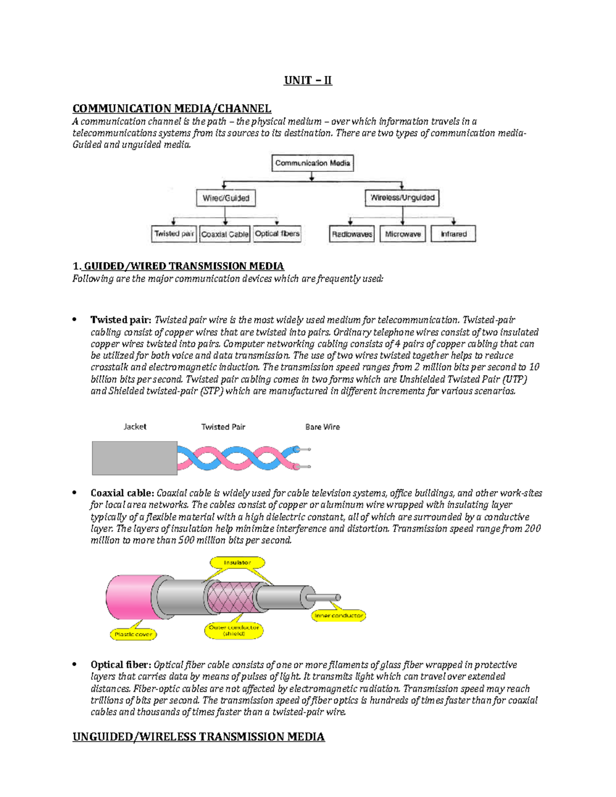 Unit2 (Autosaved) - Computer networks - UNIT – II COMMUNICATION MEDIA/CHANNEL A communication ...