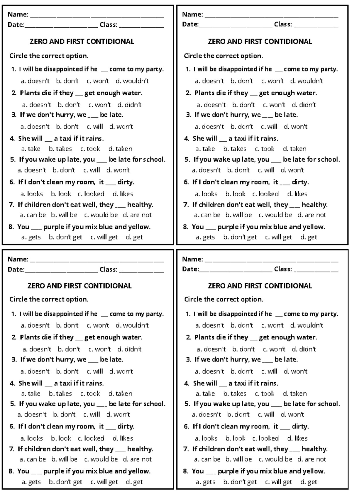 ZERO AND First Contidional - ZERO AND FIRST CONTIDIONAL Circle the ...