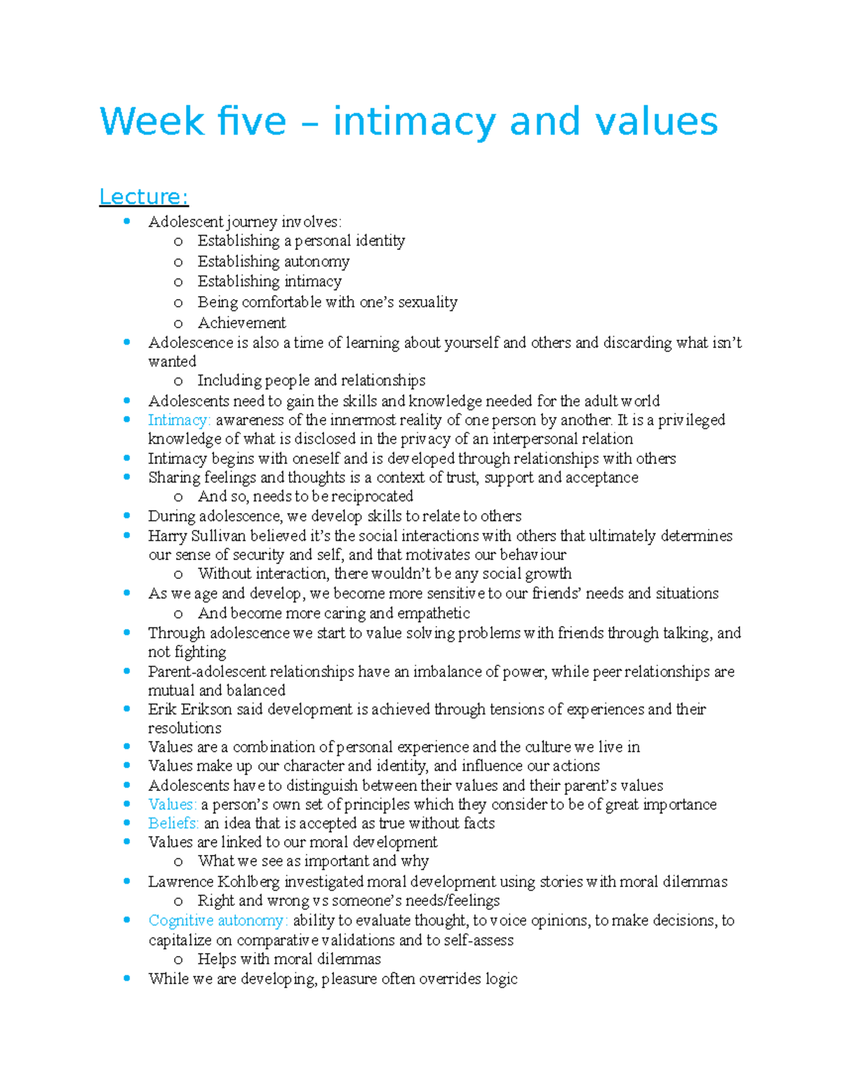 Week 5 Lecture Notes From Online Lecture With Dr Kerrie Hayes Williams Week Five Intimacy
