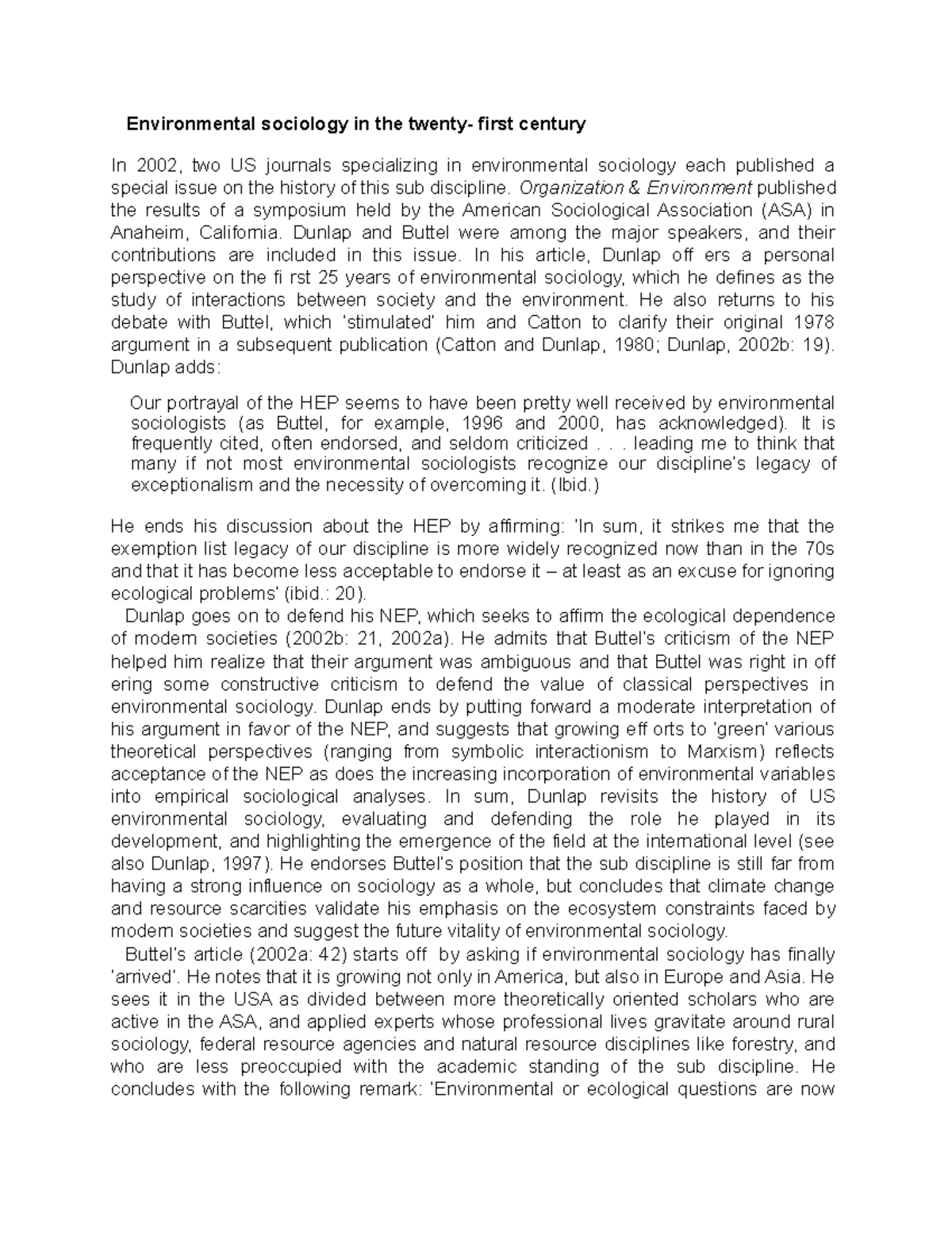 Environmental sociology in the twenty first century - Organization ...