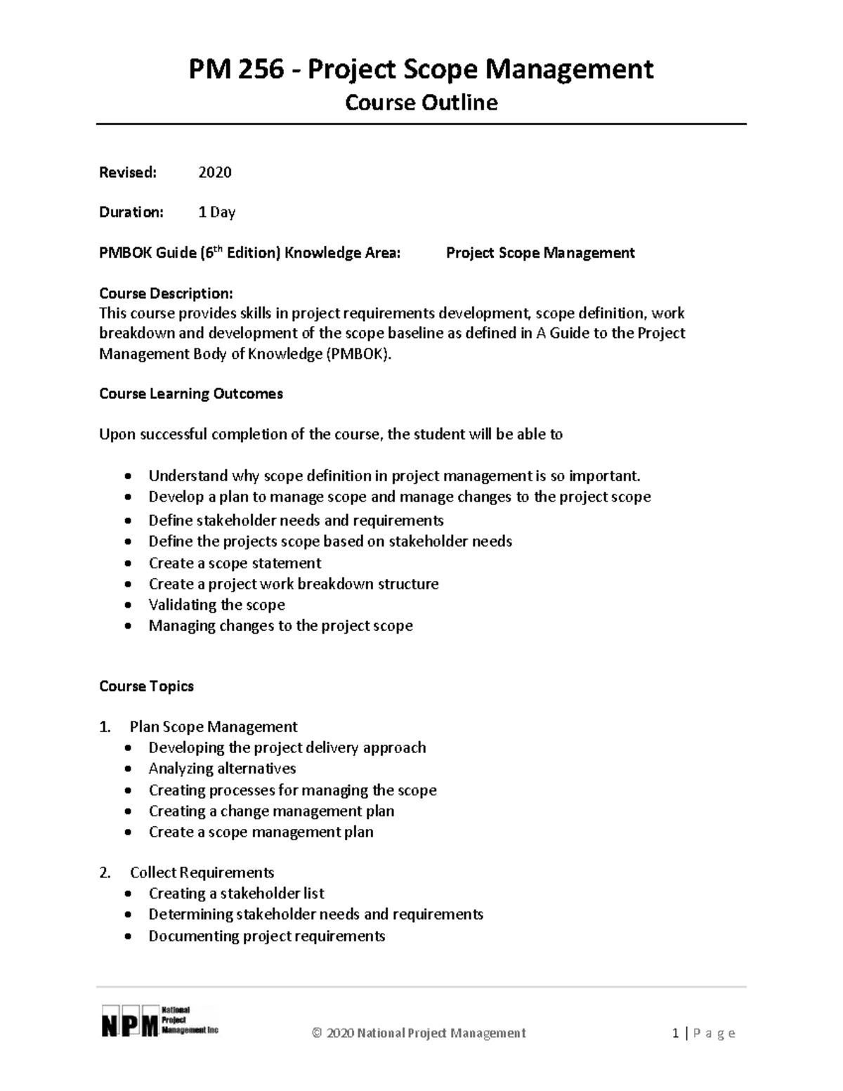 PM 256 Project Scope Management Course Outline - PM 256 ‐ Project Scope ...