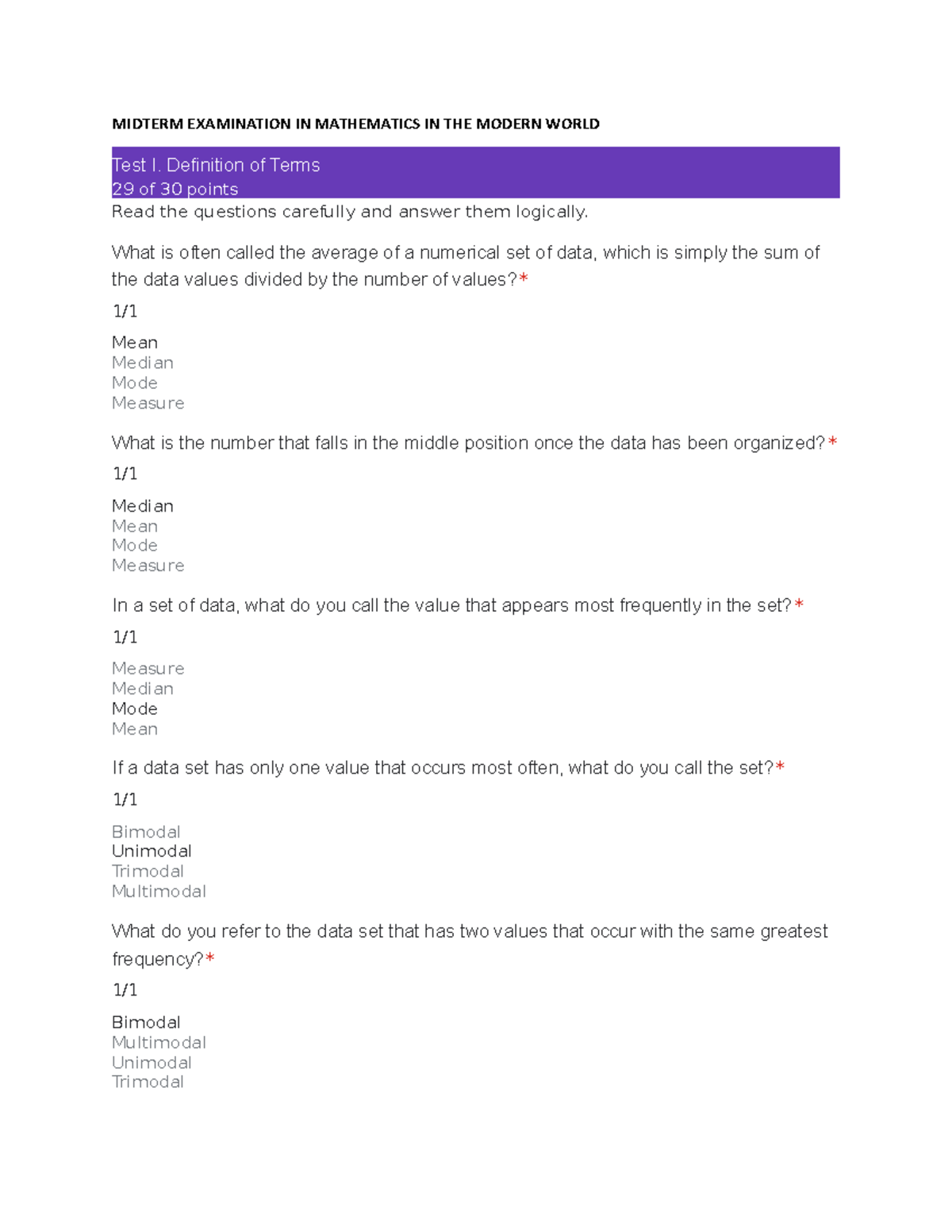 Midterm Examination IN Mathematics IN THE Modern World - MIDTERM ...