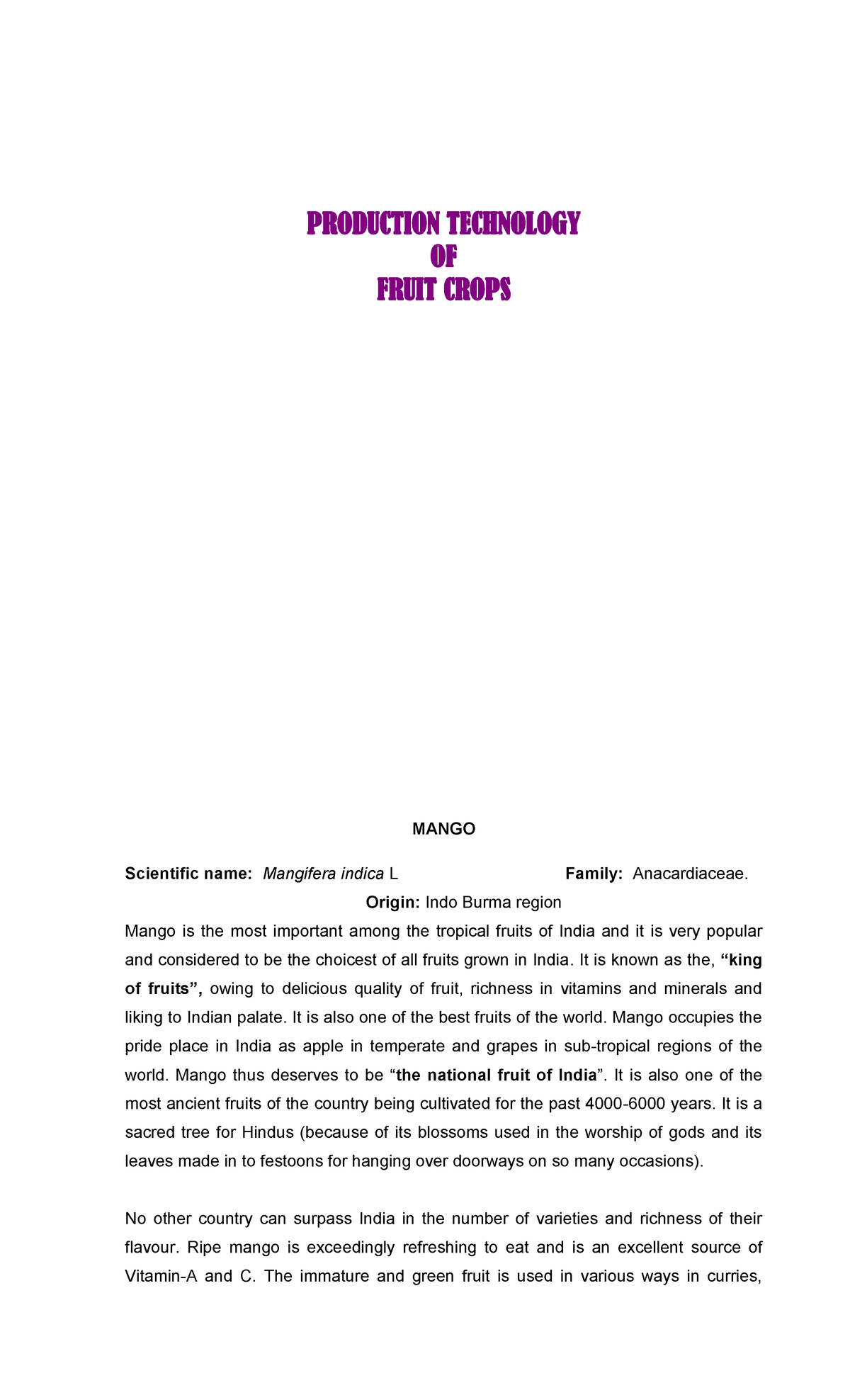 Production Technology of Mango - PRODUCTION TECHNOLOGY OF FRUIT CROPS ...
