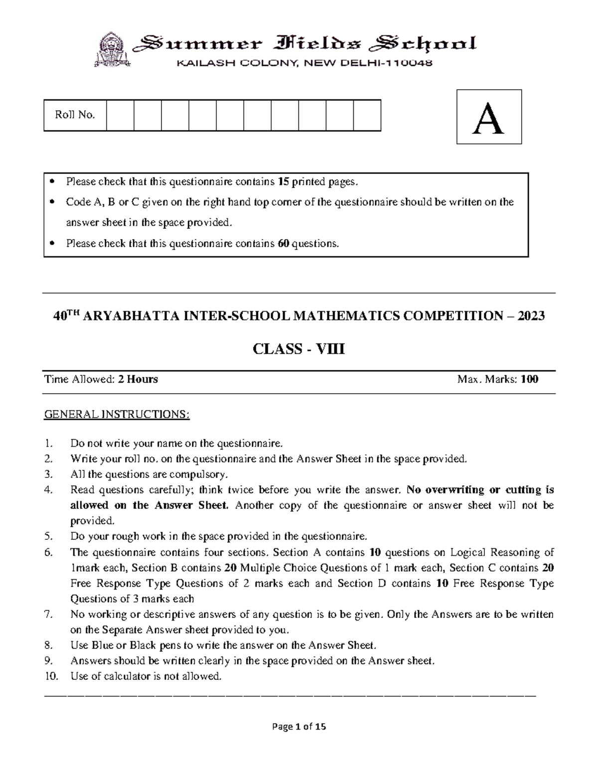 QP Class VIII 2023 - It is a good for Aryabhatta ganit challenge ...