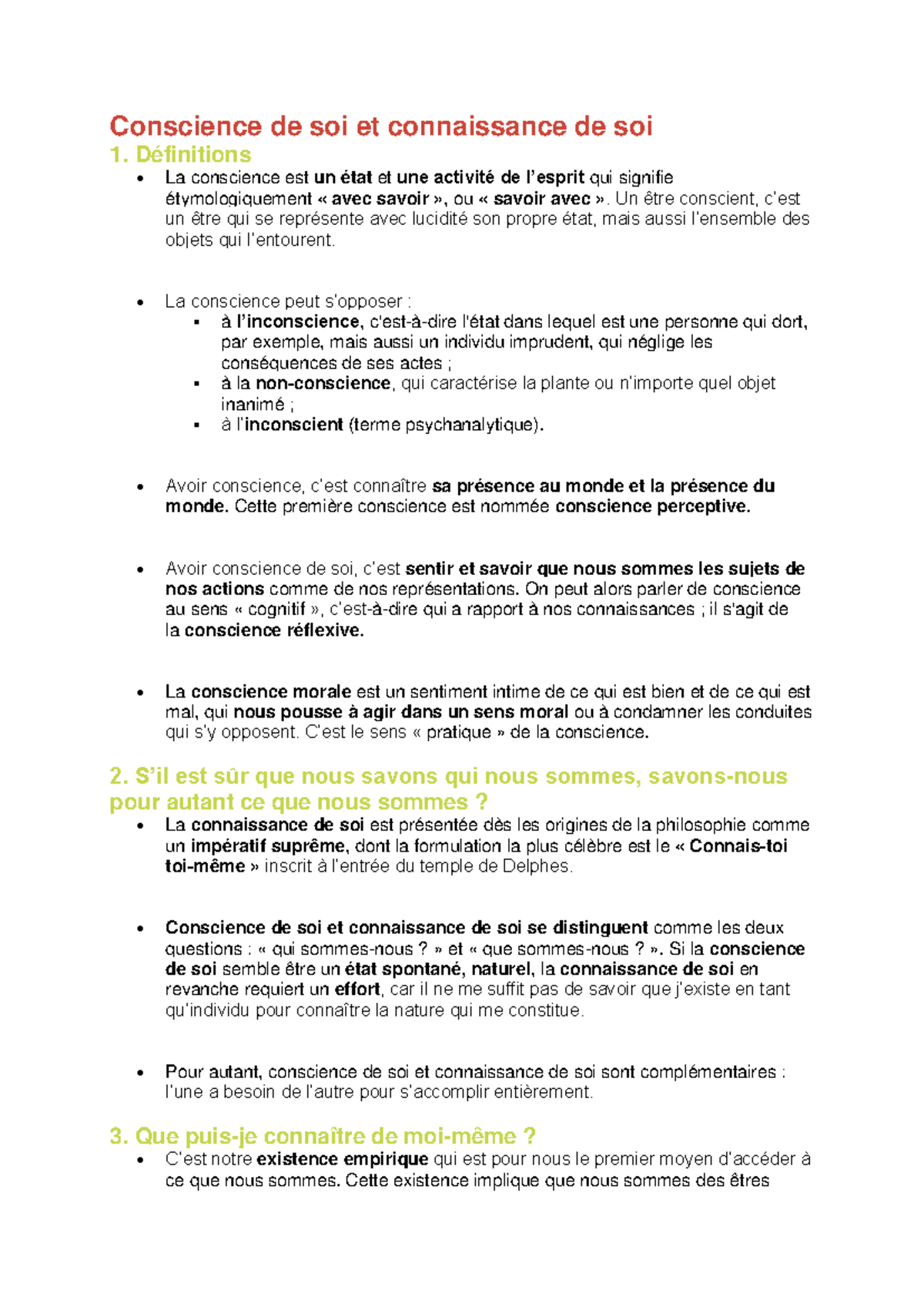 Cours sur la conscience - Conscience de soi et connaissance de soi 1. Définitions La conscience ...