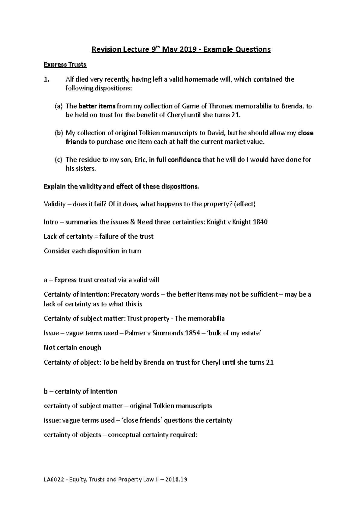 Revision Example Questions - Revision Lecture 9 th May 2019 - Example ...