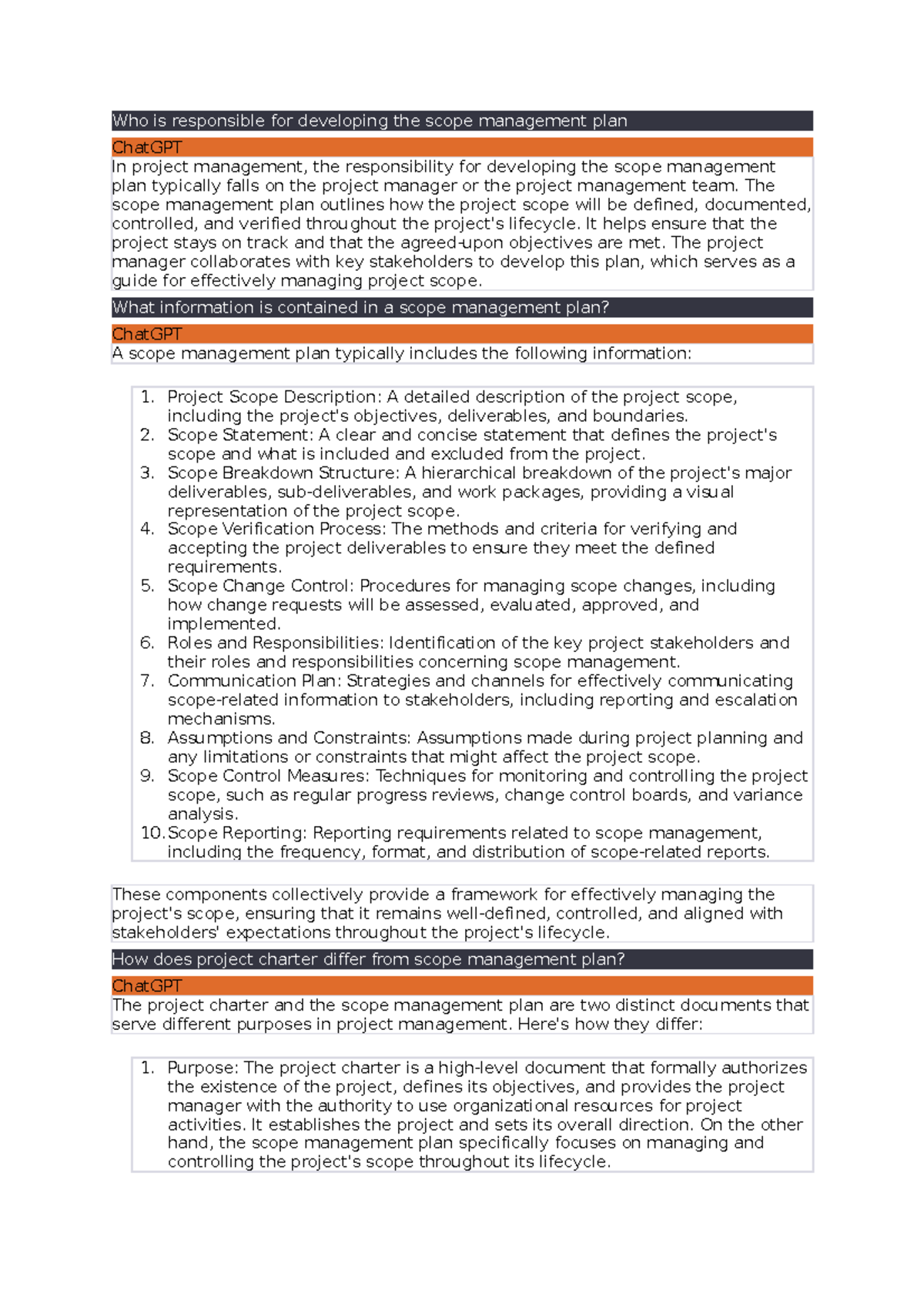 Scope management plan Discussion P1 - Who is responsible for developing ...