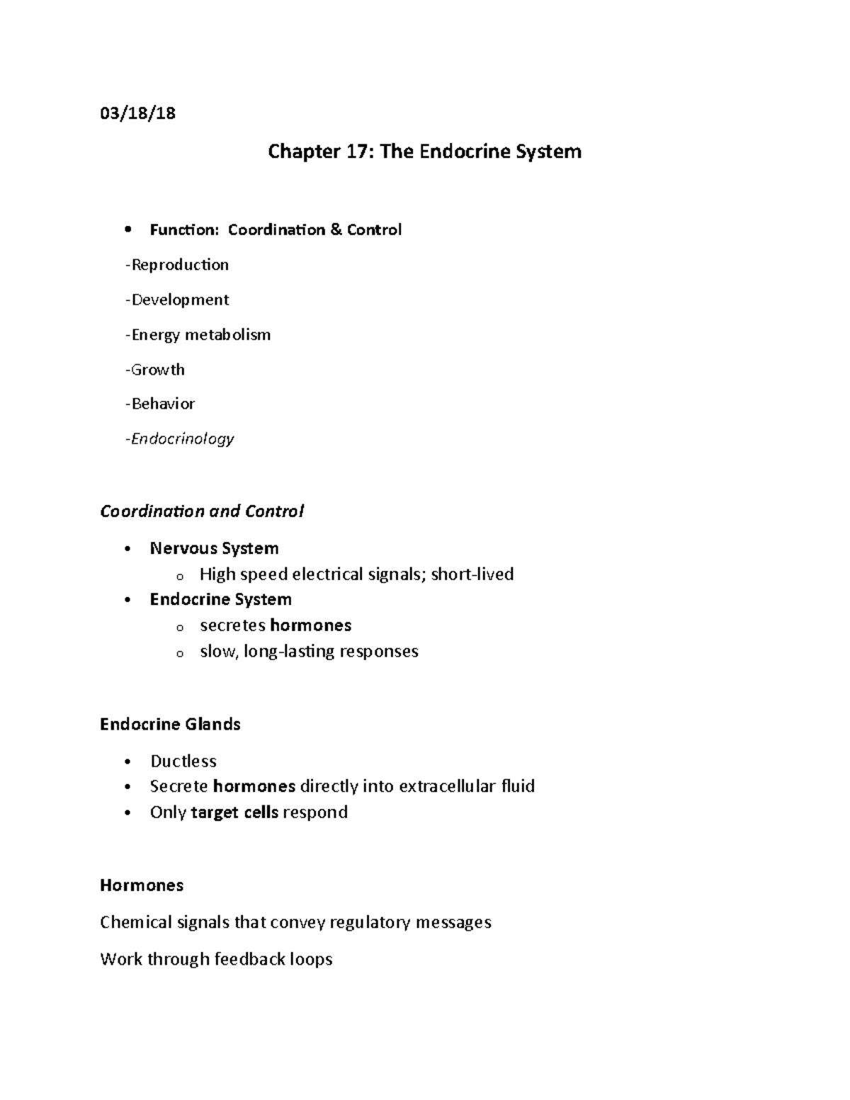 BIO 425 Chapter 17: ''Endocrine System'' - 03/18/ Chapter 17: The ...