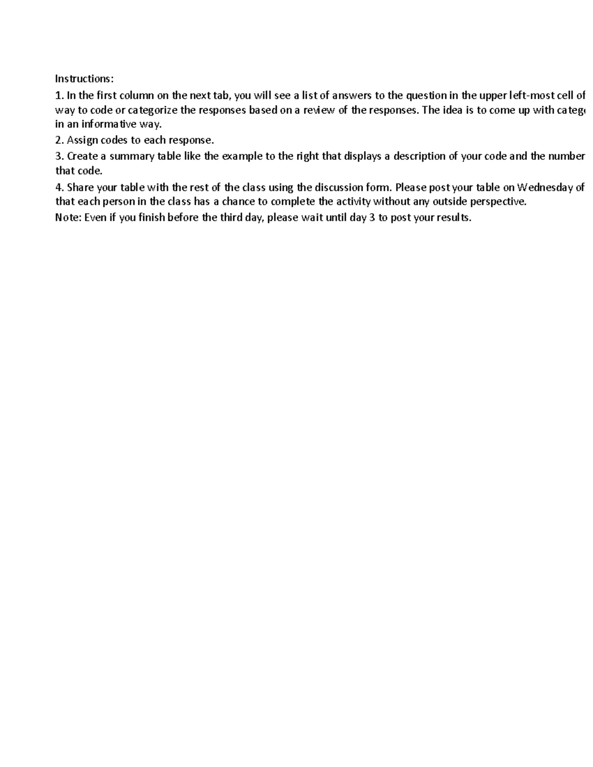 Psy520 Open Ended Coding Exercise Instructions In The First Column