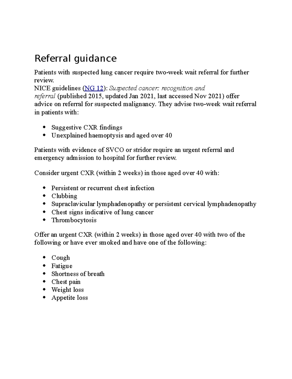 Referral guidance for lung cancer - Referral guidance Patients with ...