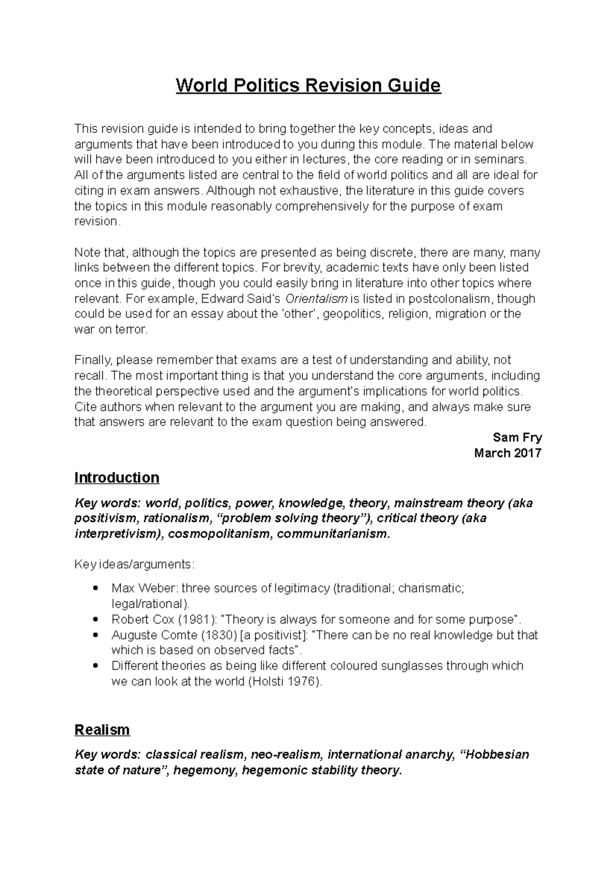 World Politics Revision Guide - The material below will have been ...