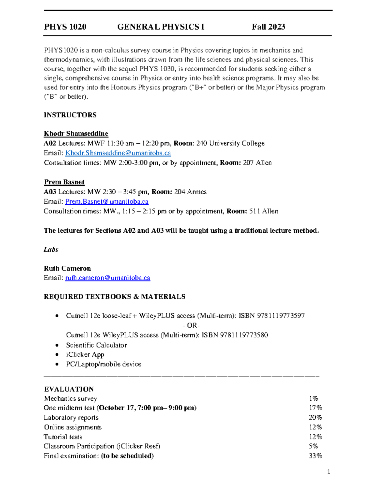 PHYS 1020 Syllabus - Course outline for PHYS 1020 at University of Manitoba from fall term 2023 ...