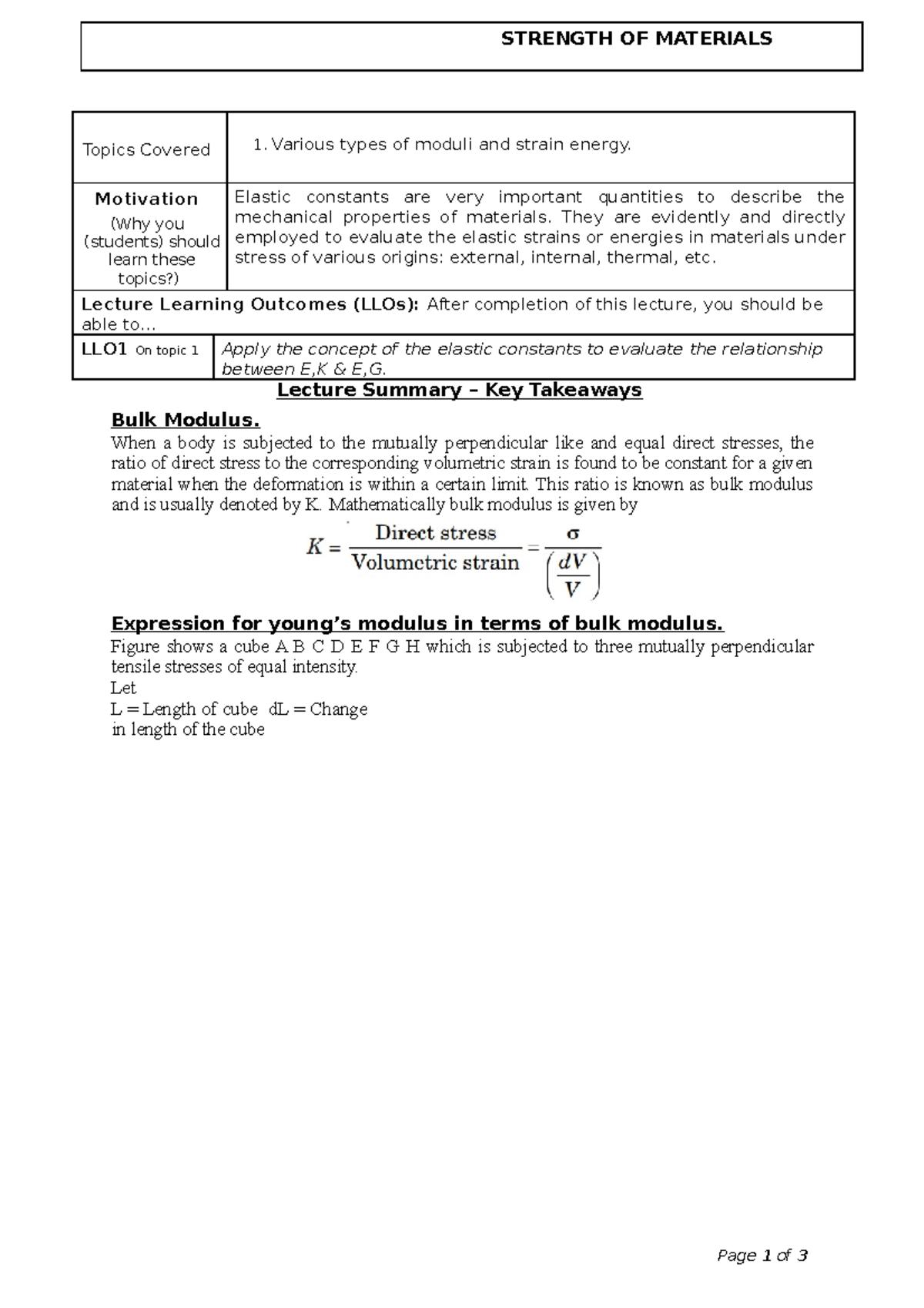 Various types of moduli and strain energy - Topics Covered 1. Various ...