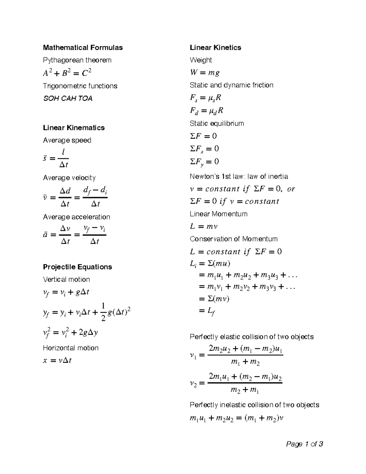 KNPE254 Equation Sheet - Mathematical Formulas Pythagorean theorem ...