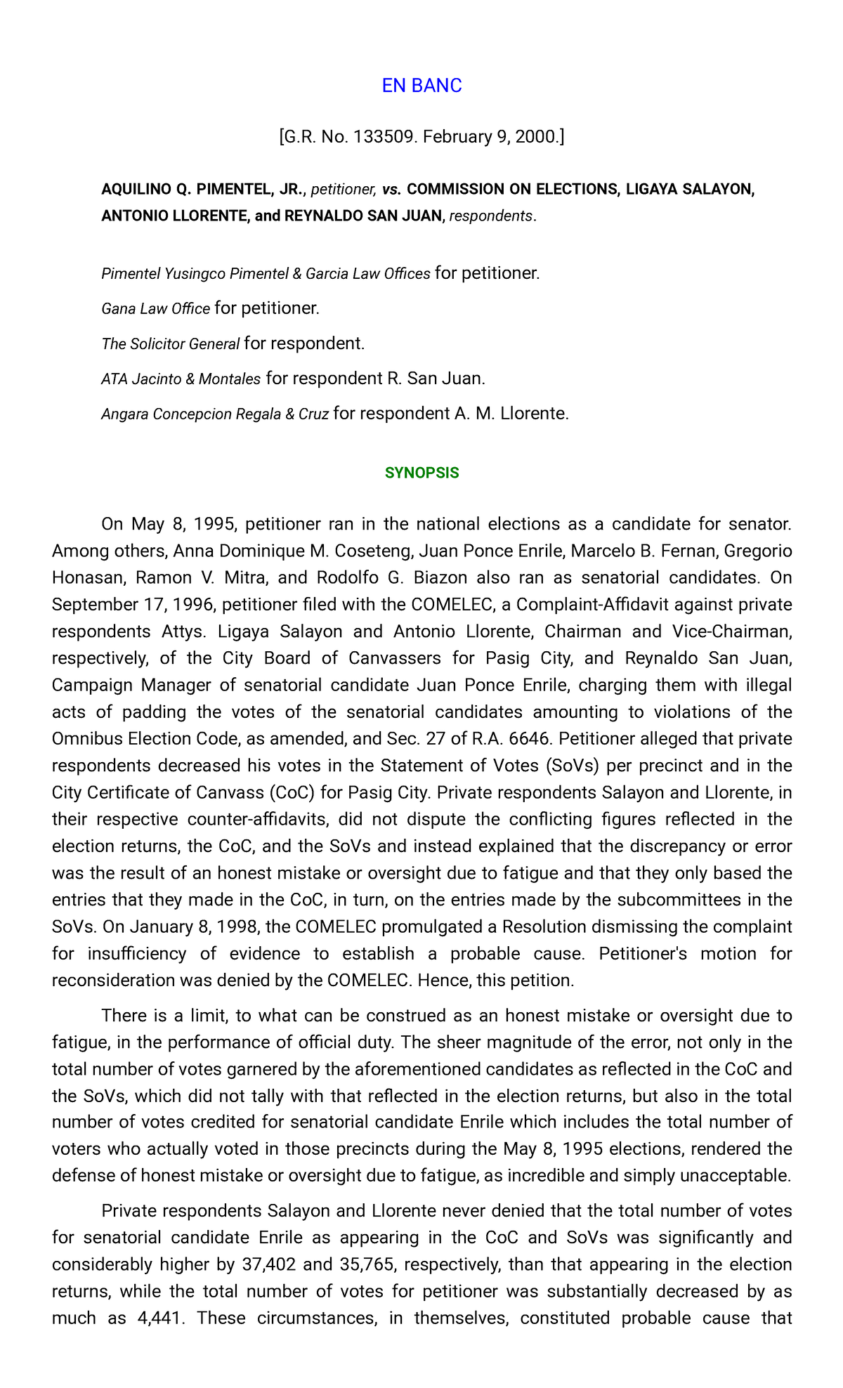 G.R. No. 133509 Pimentel, Jr. v. Commission on Elections - EN BANC [G ...