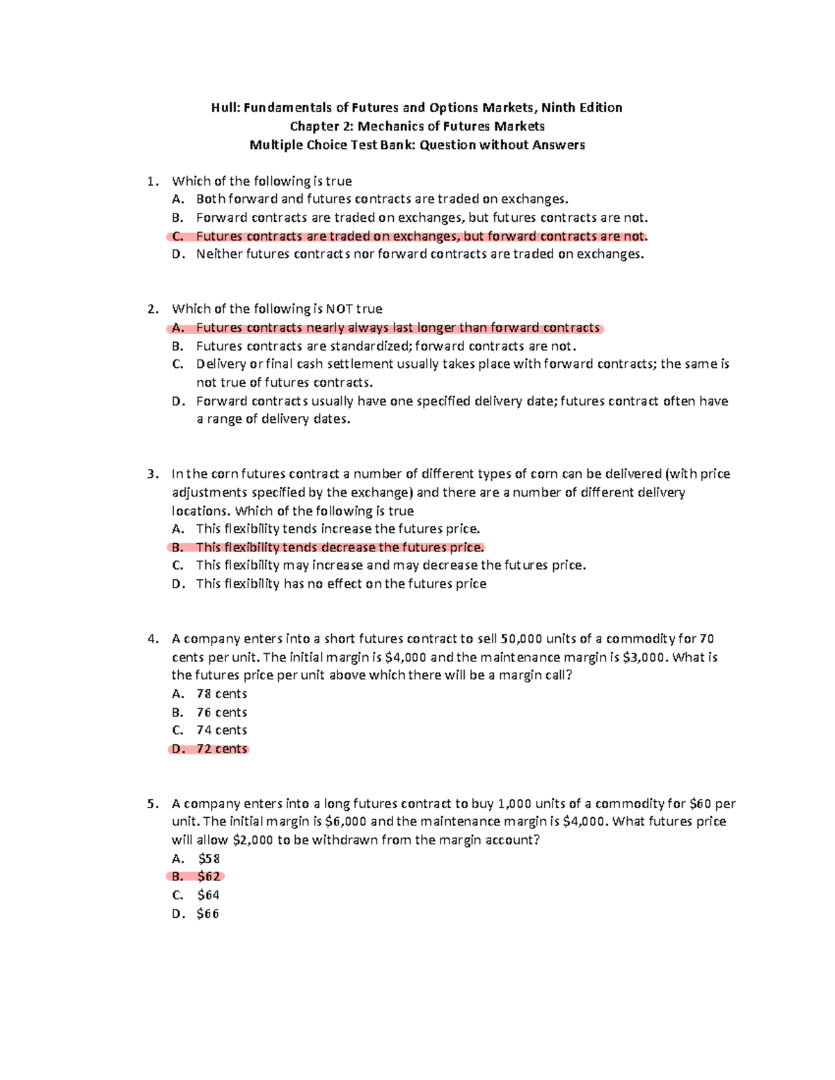 MCQ CHAP 2 F.I - Practice Test - Hull: Fundamentals of Futures and ...