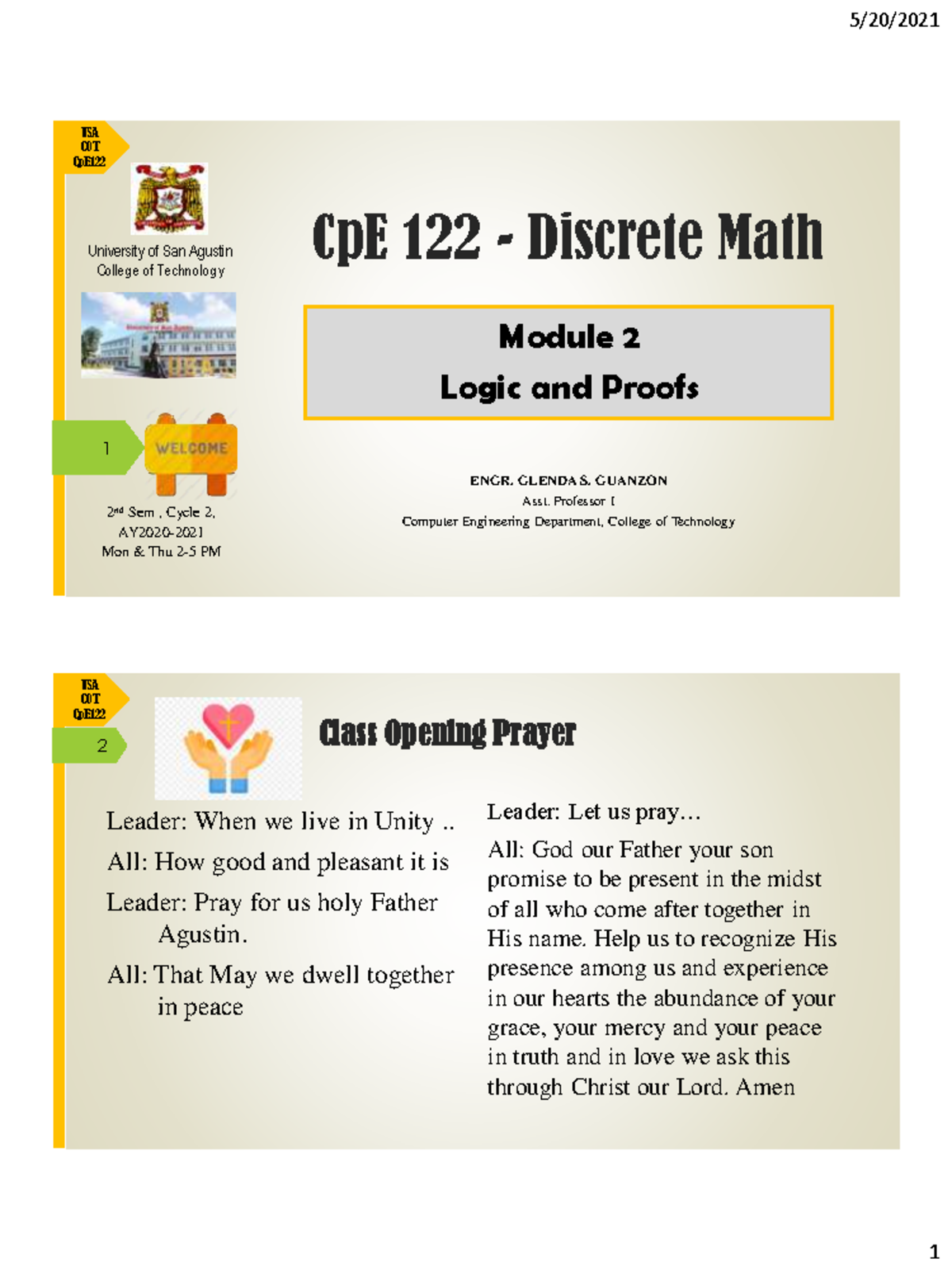 Cp E122 M2 Logic and Proofs - USA COT CpE CpE 122 - Discrete Math ENGR. GLENDA S. GUANZON Asst ...